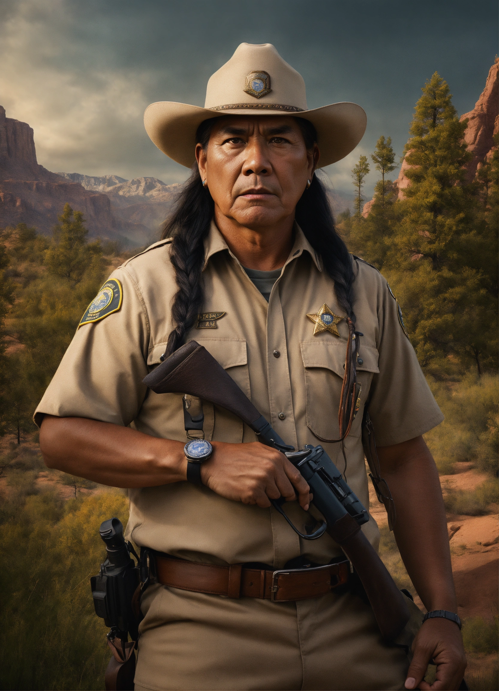 Lexica - Portrait of an native american park ranger scared, realistic ...