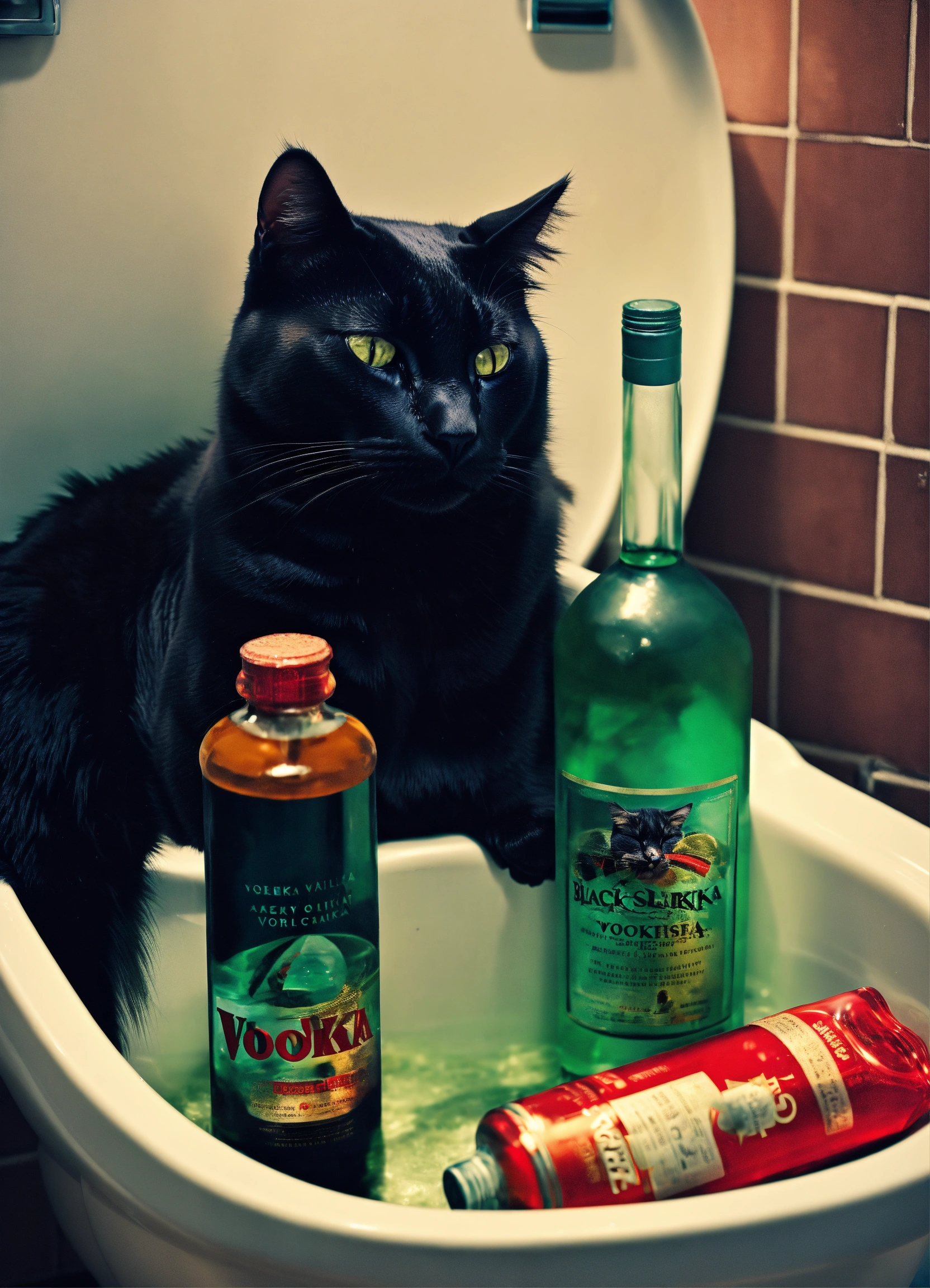 Lexica - A drunk black cat, holding a bottle of vodka, sleeping in the ...