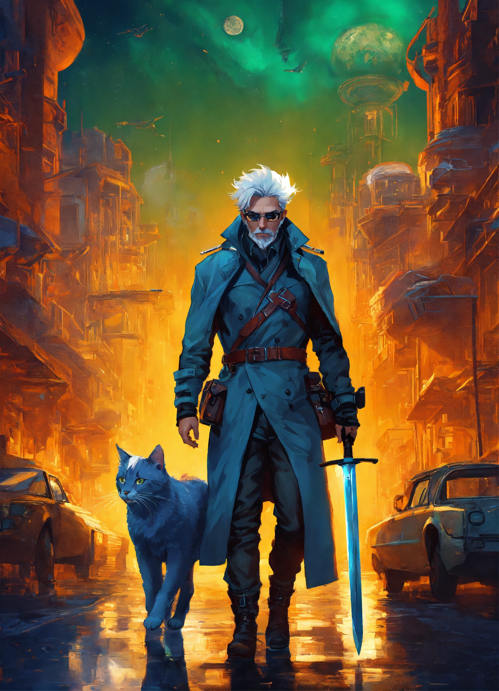 Lexica - Brutal silver haired men with sword in biopunk trenchcoat with ...