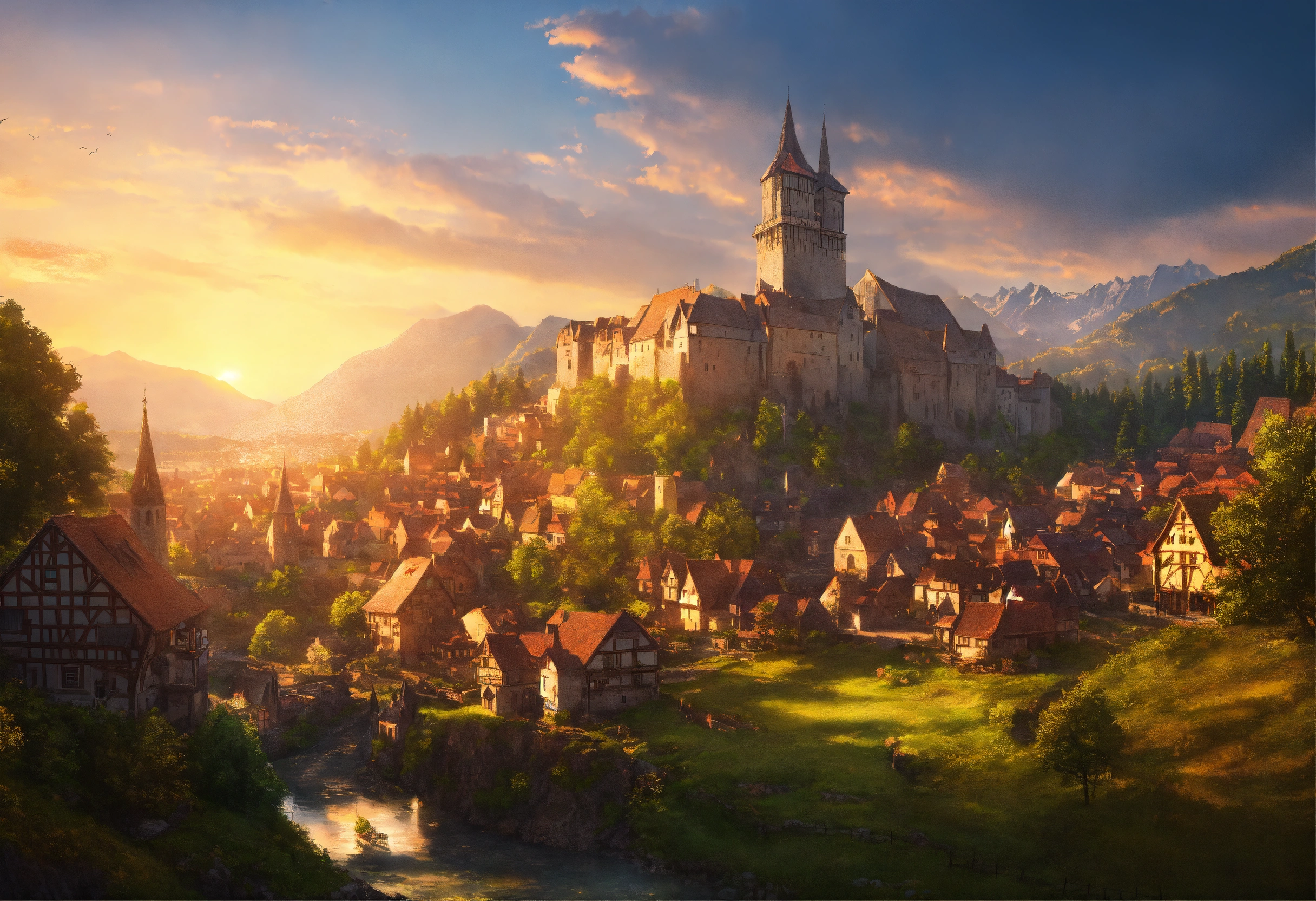 Lexica - A beautiful fantasy landscape at sunset of dense medieval ...