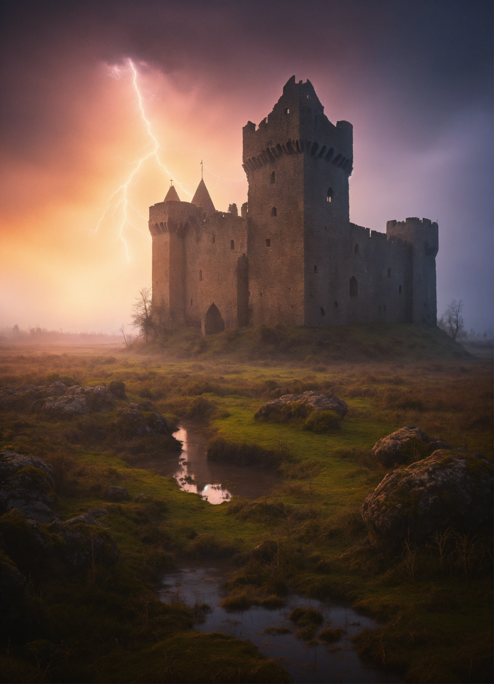 Lexica - Ruin of a stone castle in the middle of a foggy barren swamp ...