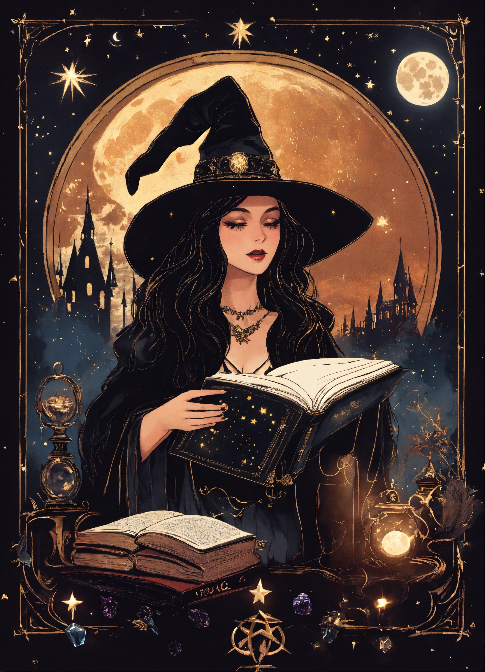 Lexica - Mysterious witch wearing a black hat and cloak, reading a ...
