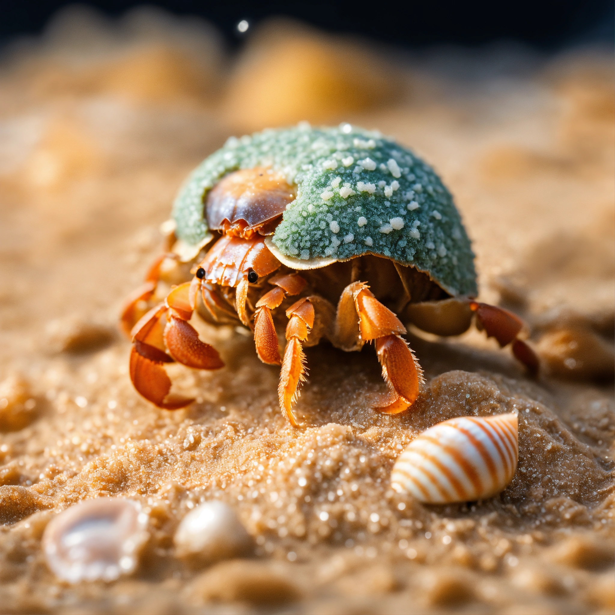 Lexica - Close-up photograph of a hermit crab nestled in wet sand, with ...