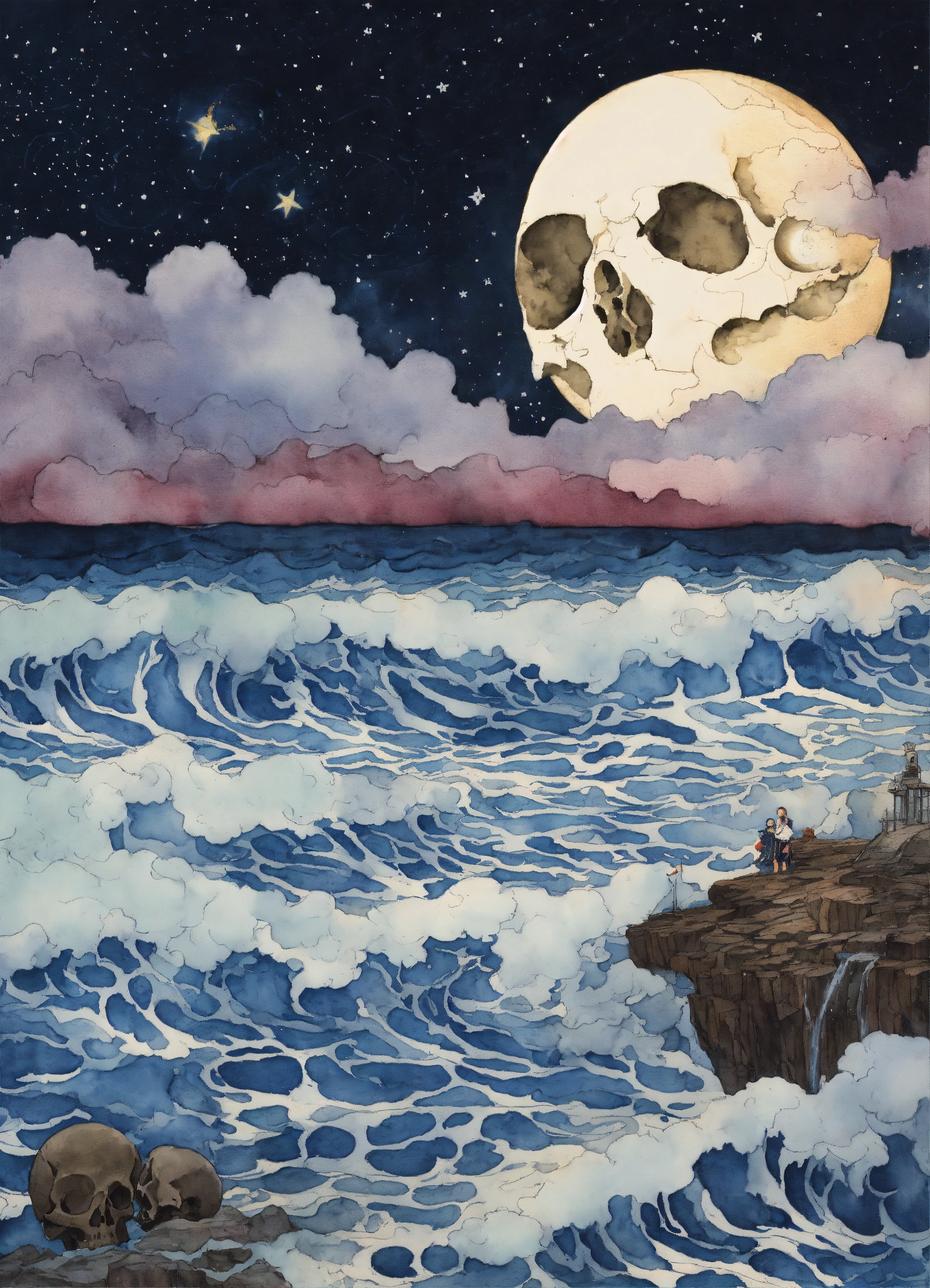 Lexica - Silhouettes of a skull in waves tessellation. a dark sea ...