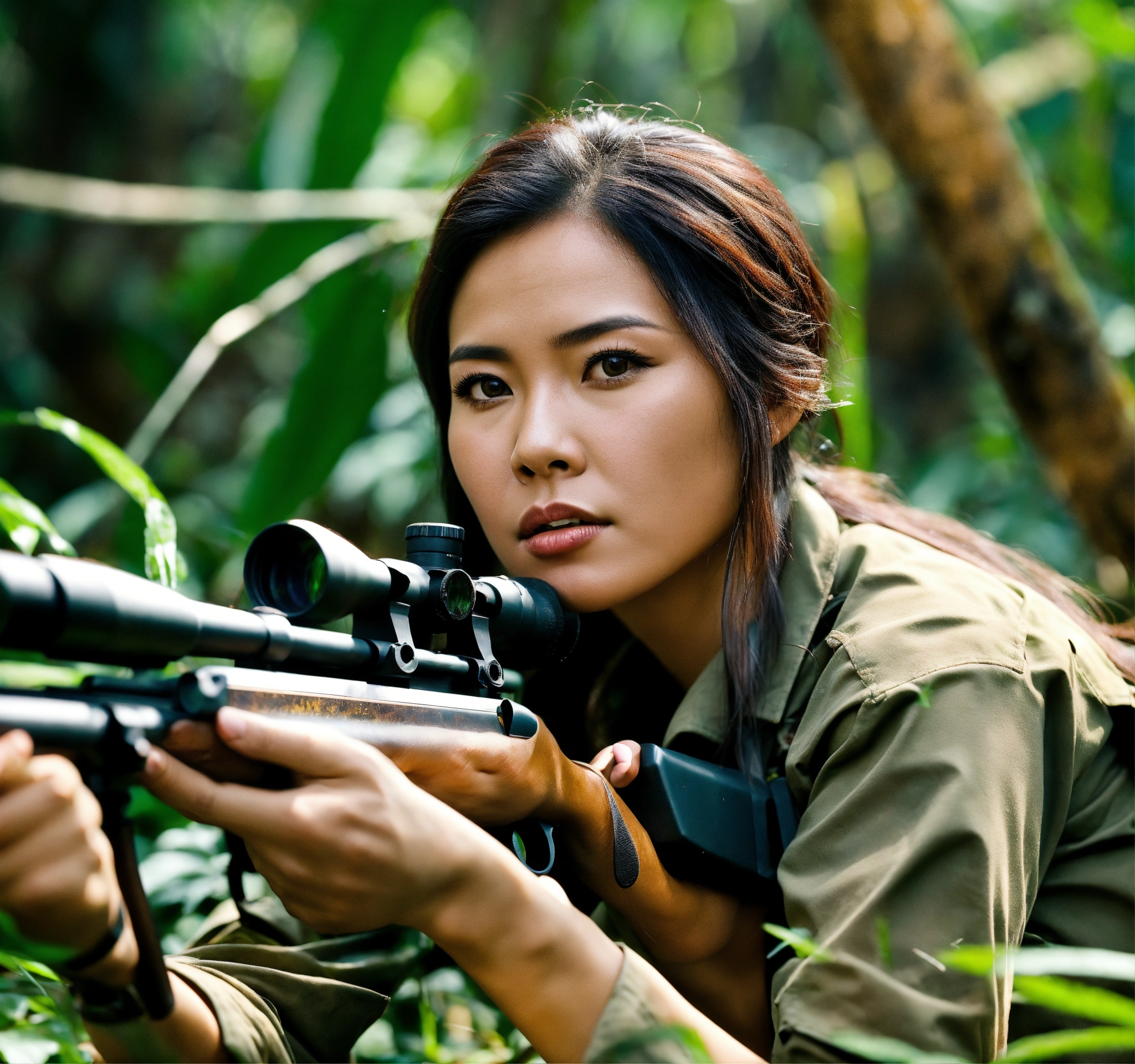 Lexica - Close-up, a beautiful female sniper lying behind the gun in ...