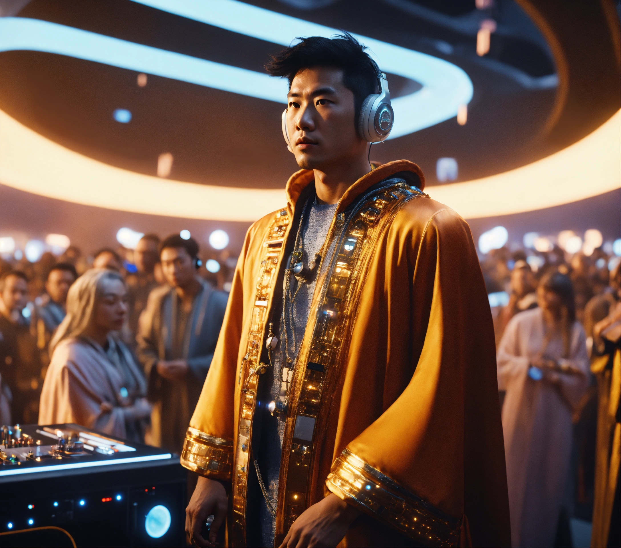 Lexica - Zoom out from a asian male humanoid, wearing a fancy space ...