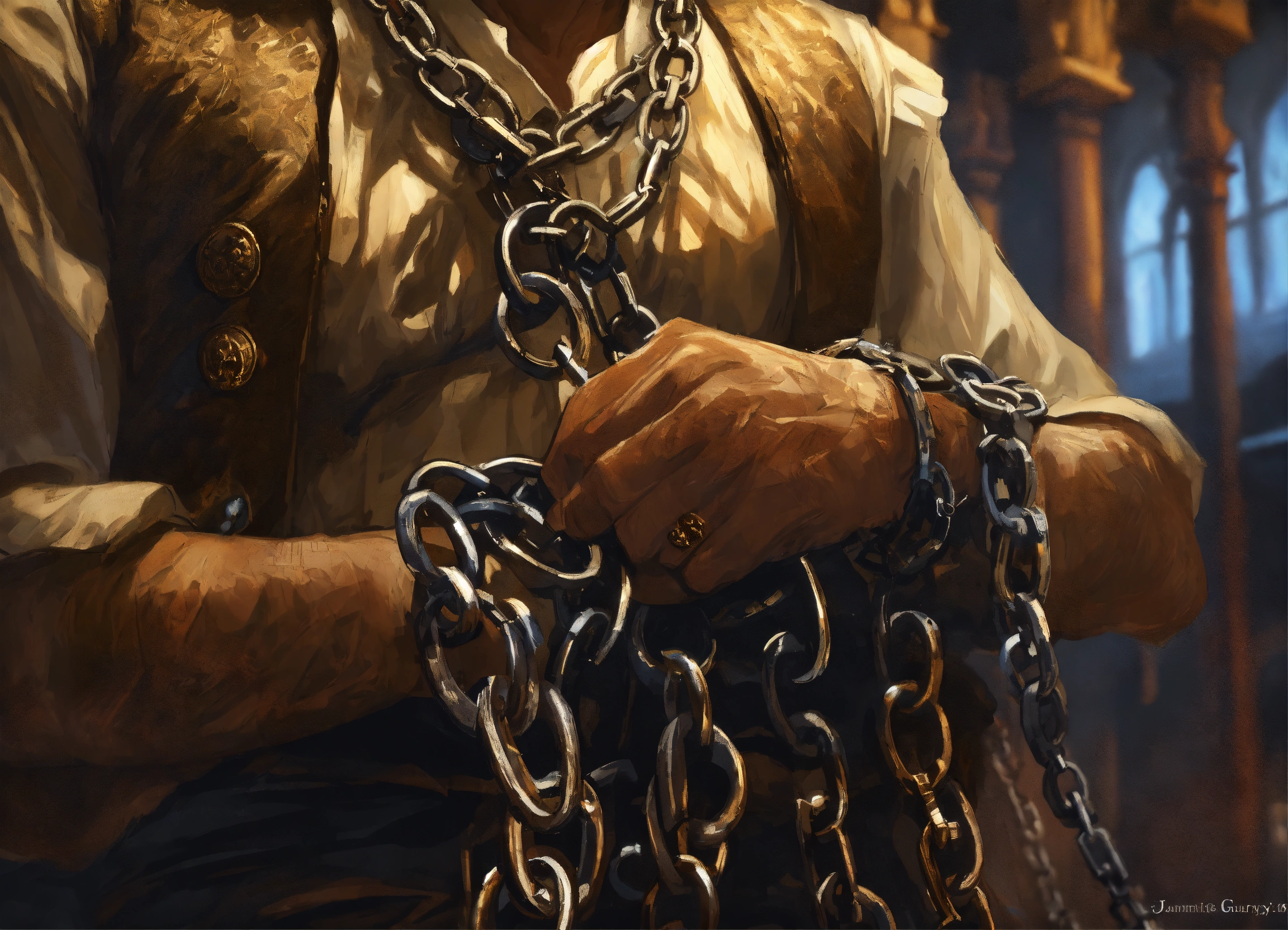 Lexica - Close Up, Chained handcuffed Pirate prisioner on a Jail, dark ...