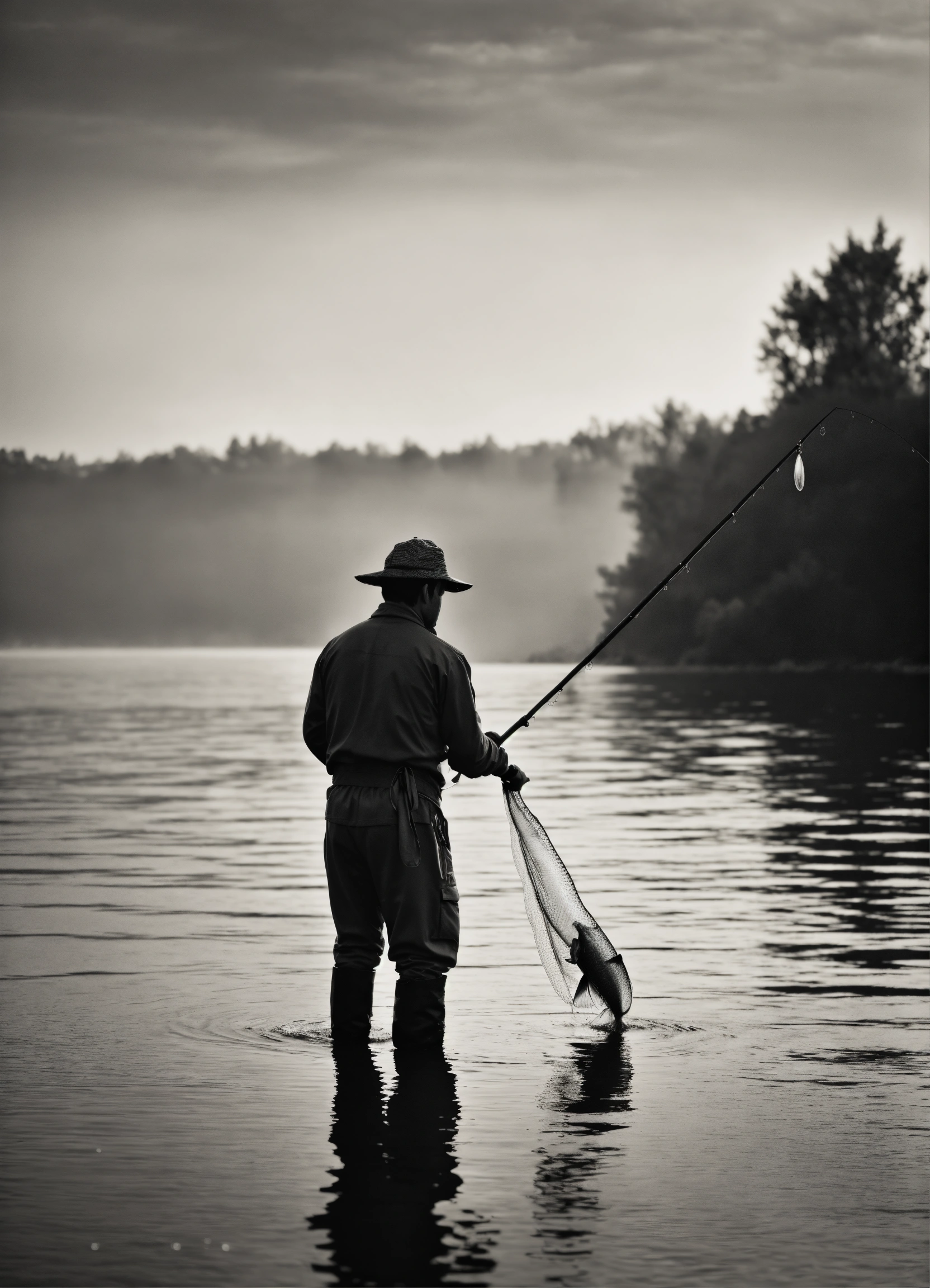 Lexica - Simple fisherman catching fish monochrome print