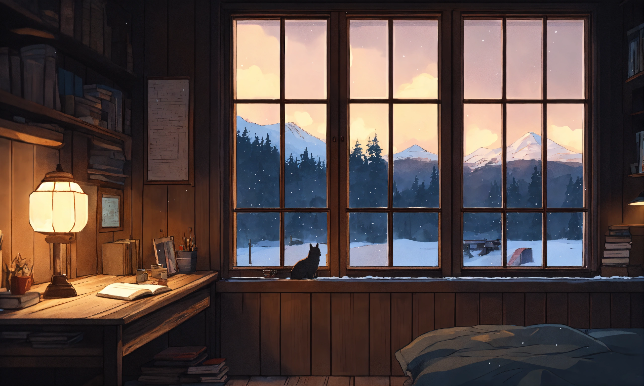 Lexica - Study room in forrest cabin, dark grey washed tints, studio ...