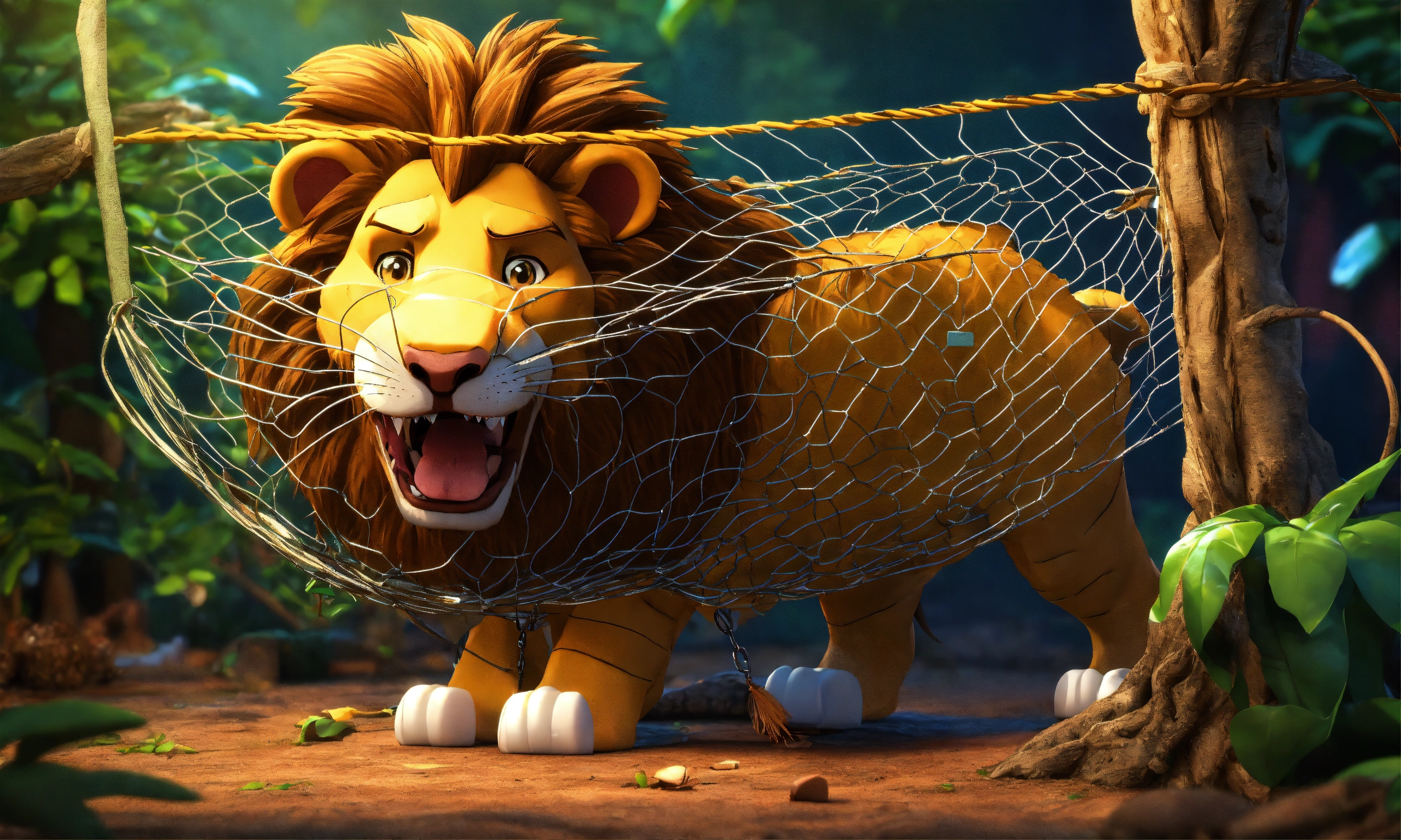Lexica - Cartoon 3d big lion was captured and trapped in a net and ...