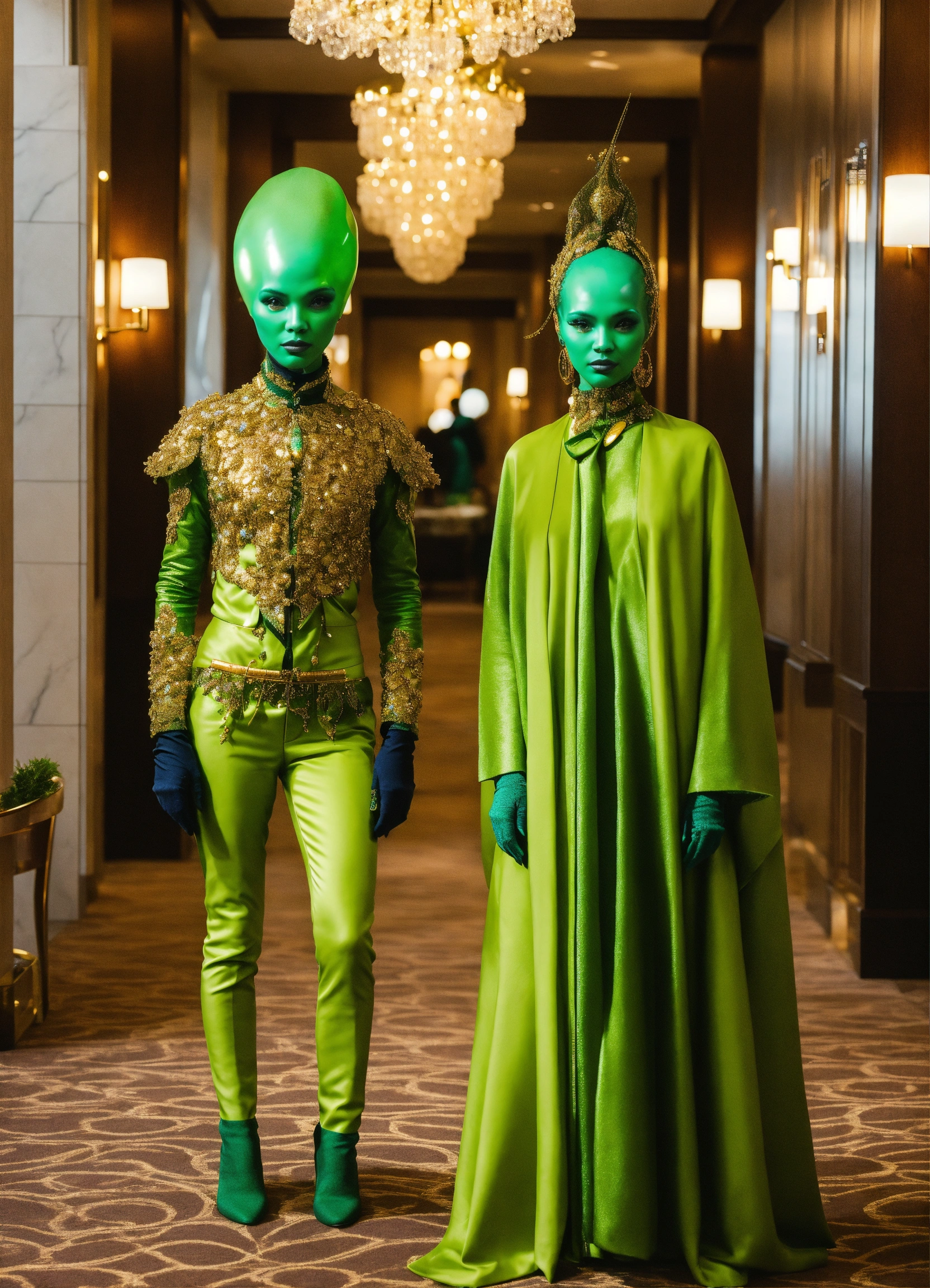 Lexica - Two 50-year-old human looking aliens with green skin, dressed ...