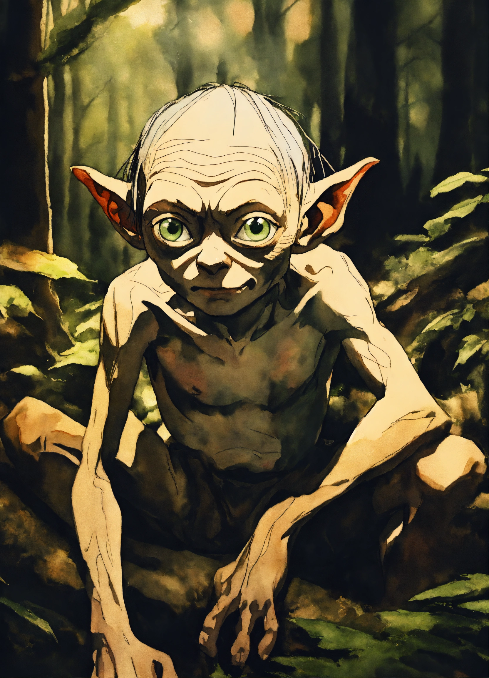 Lexica - Gollum from LOTR in naruto anime drawing art style, watercolor ...
