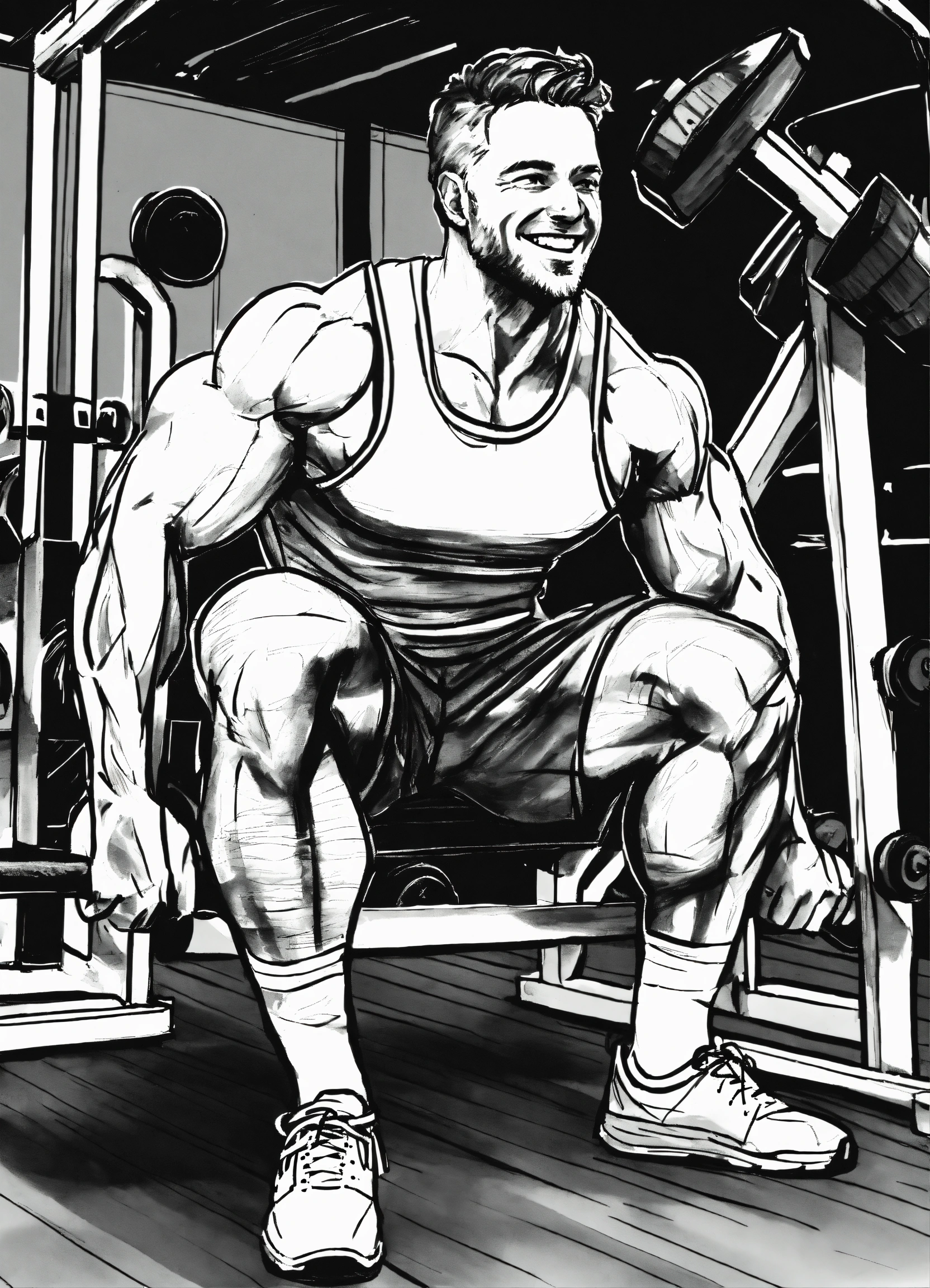 Lexica - Black & white pen and ink sketch of a happy man working out ...