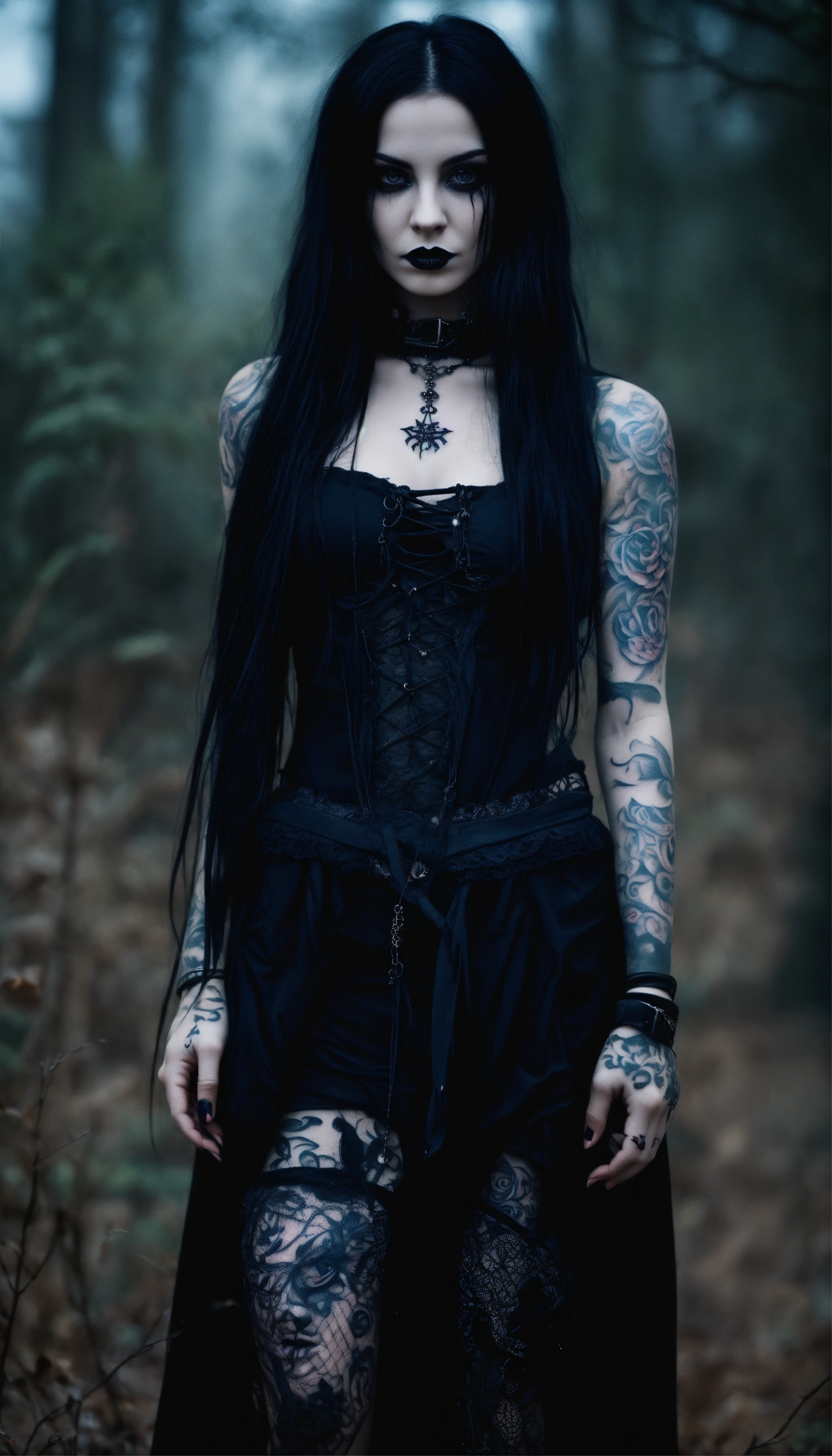 Lexica - A scary girl, full body, pale skin, long crazy black hair ...