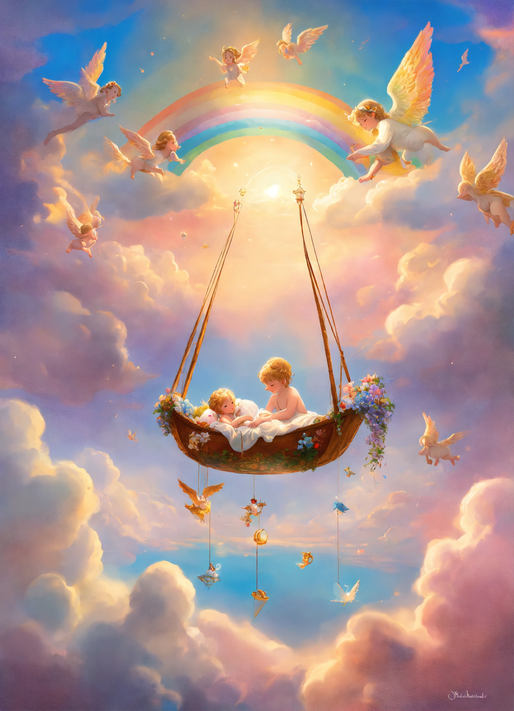 Lexica - Floating crib on a cloud, rainbow bridges with playful cherubs ...
