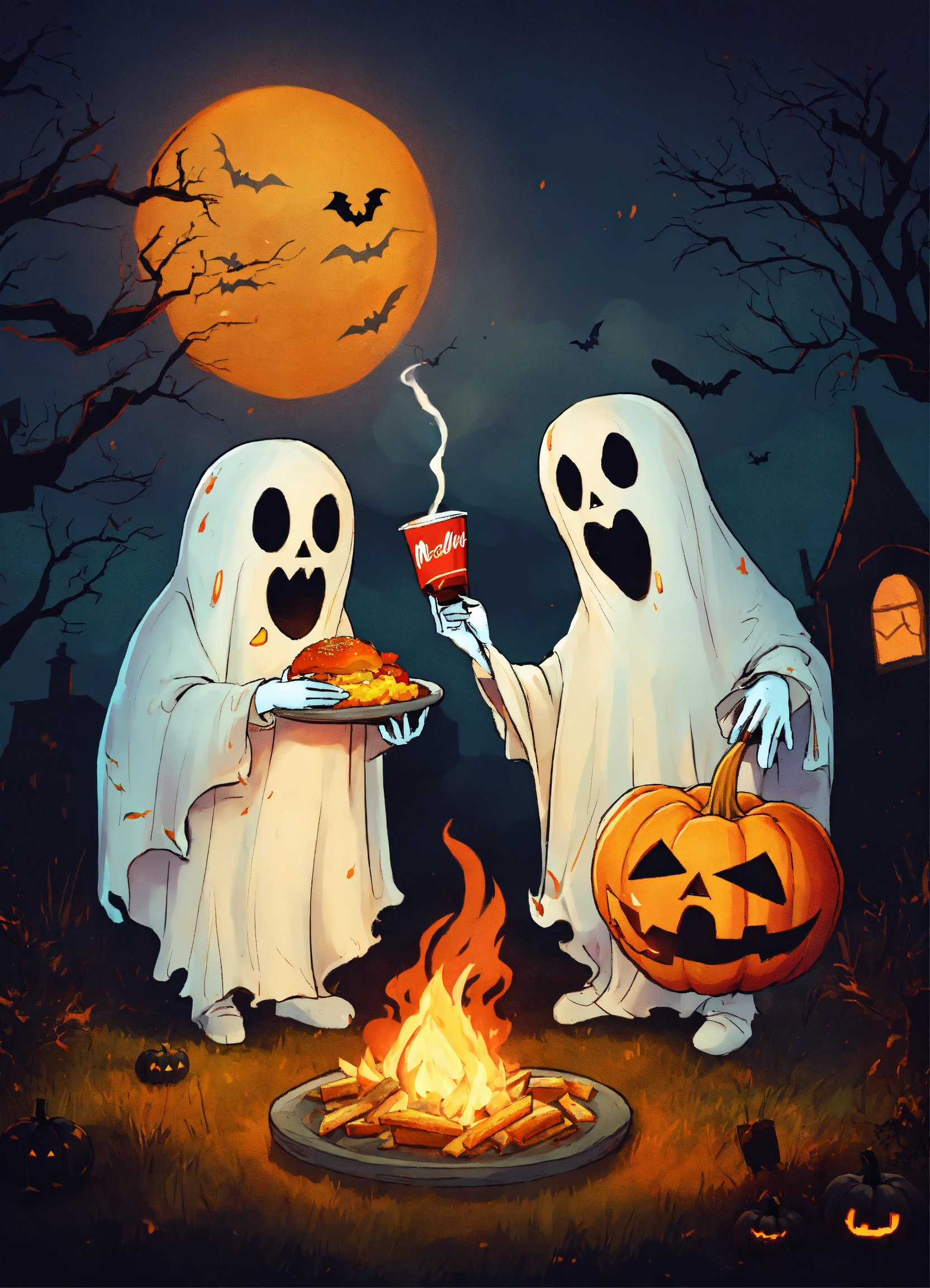 Lexica - Funny couple of ghost eating mcdonald around a bonfire digital ...