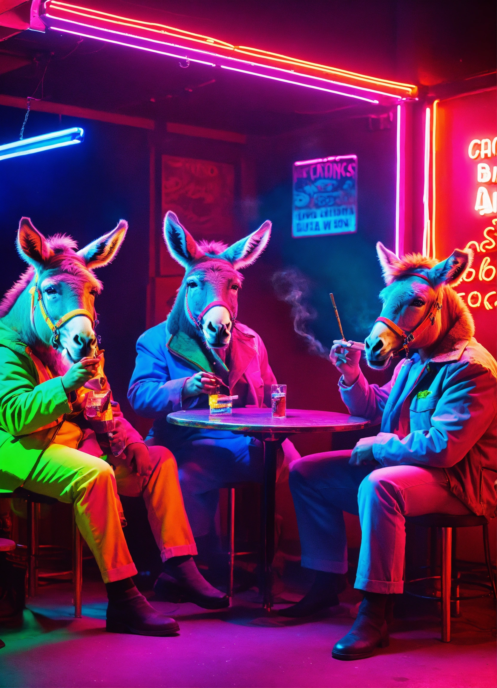 Lexica - Three Donkeys smoking cigars in a Neon 80's bar style