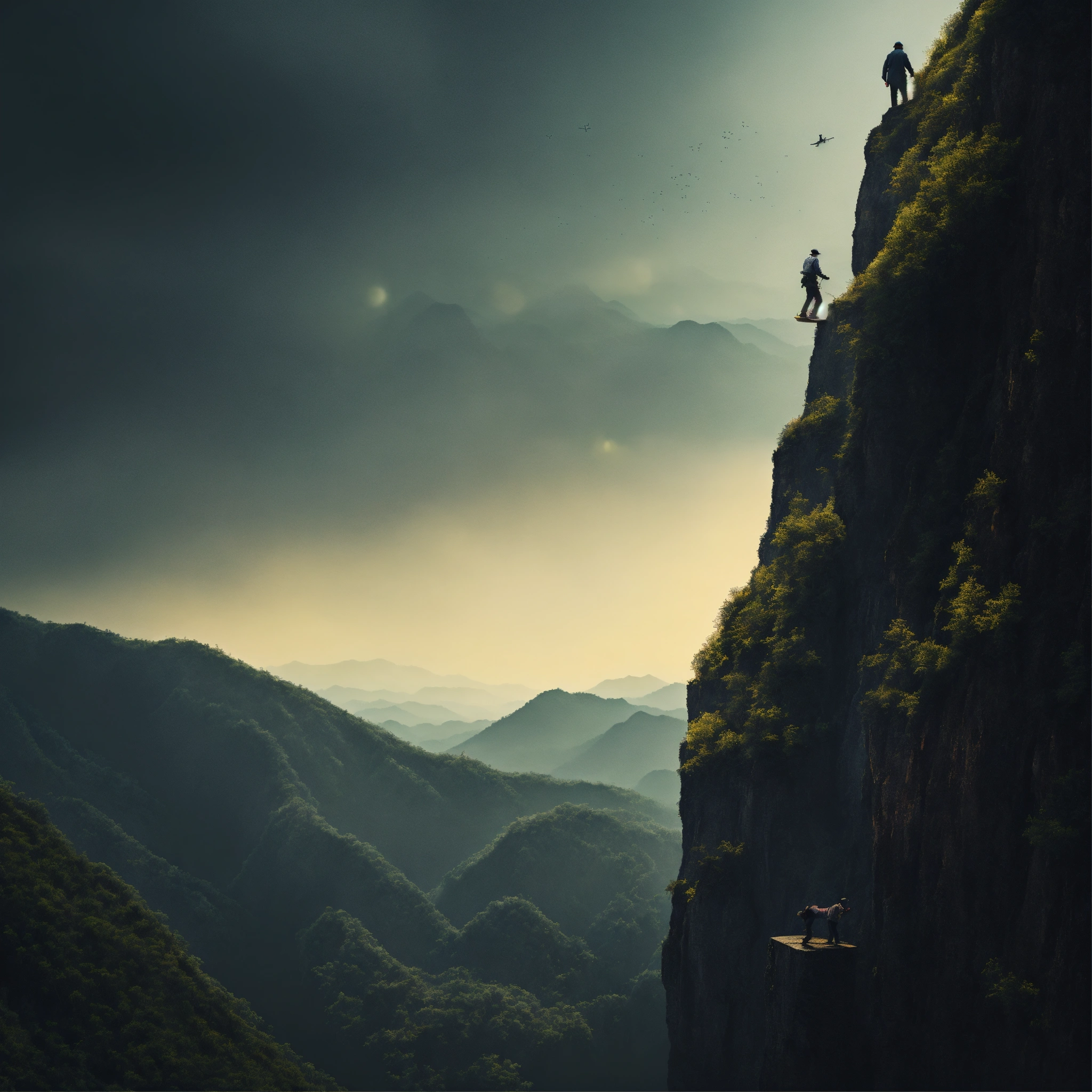 Lexica - A man getting pushed to the edge of a tall cliff by many ...