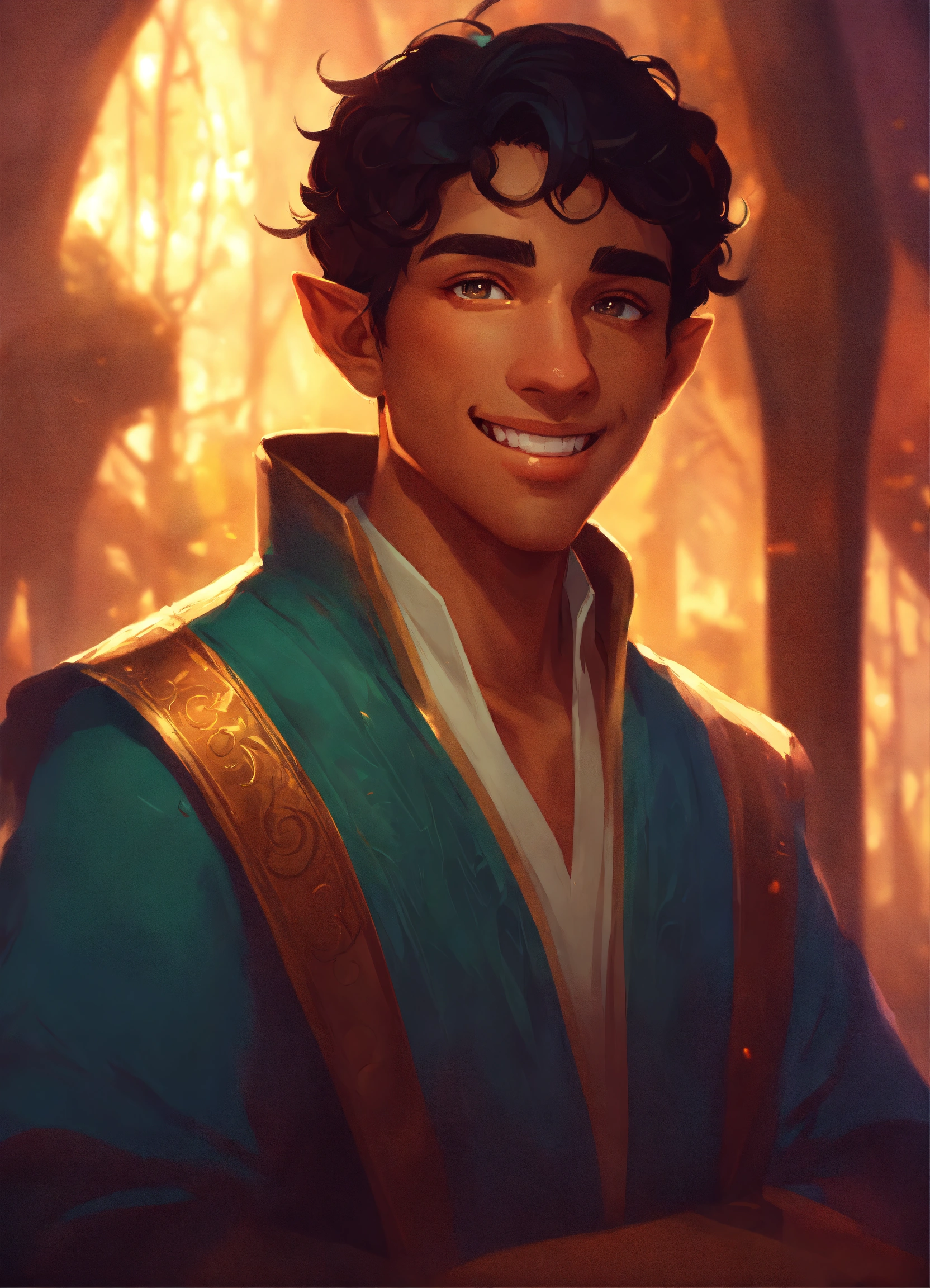 Lexica - 20 year old elf man, Caucasian, black hair, hazel eyes, smile ...