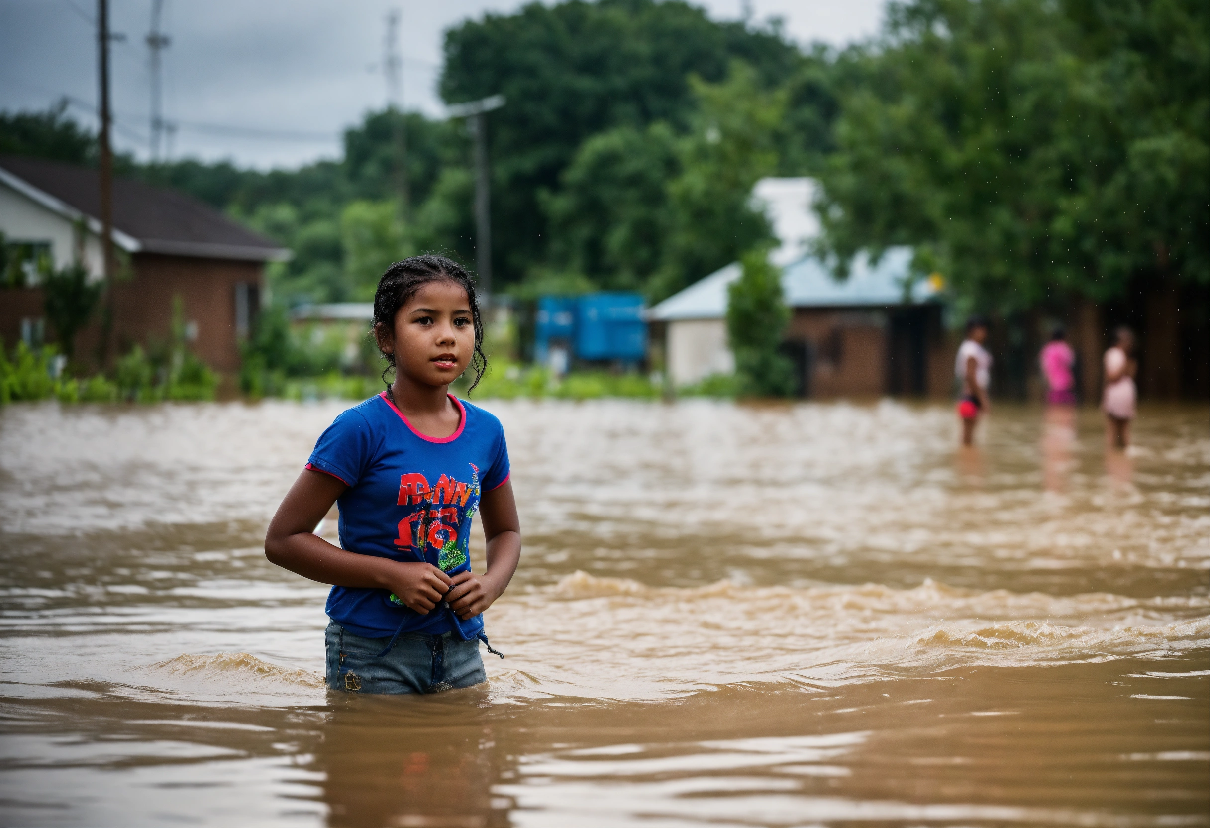 Lexica - A young girl stands up to her waist in flood water
