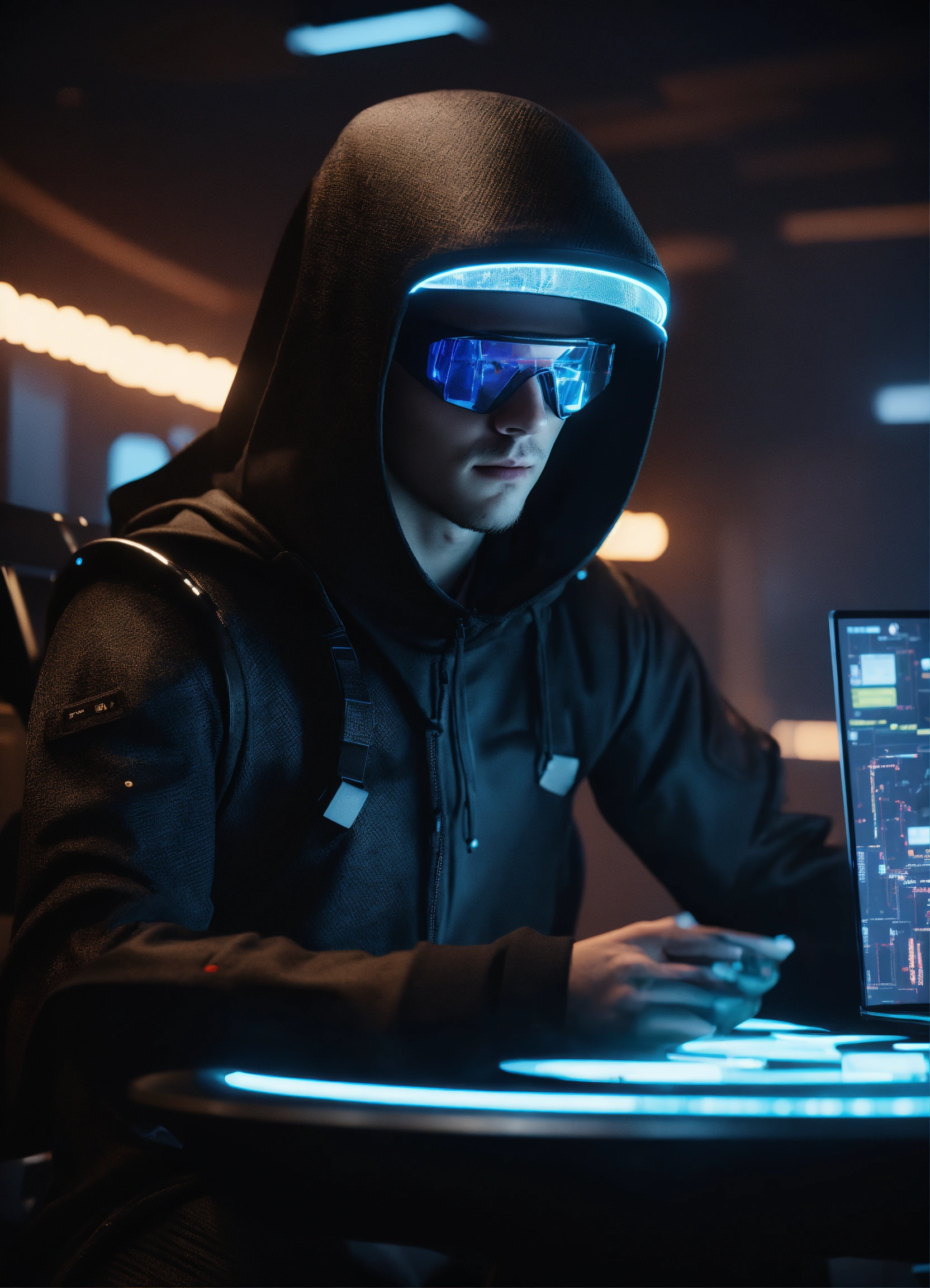 Lexica - Nerdy 25 year old male hacker wearing futuristic black ...