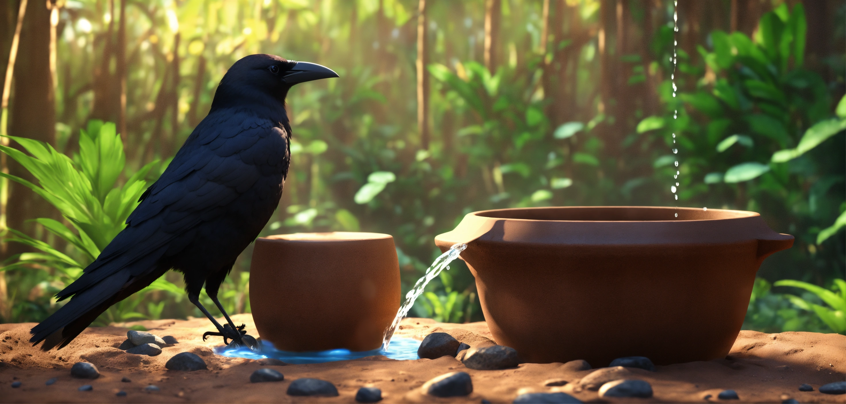 Lexica - 3d animation style crow putting stone in big clay pot fill ...