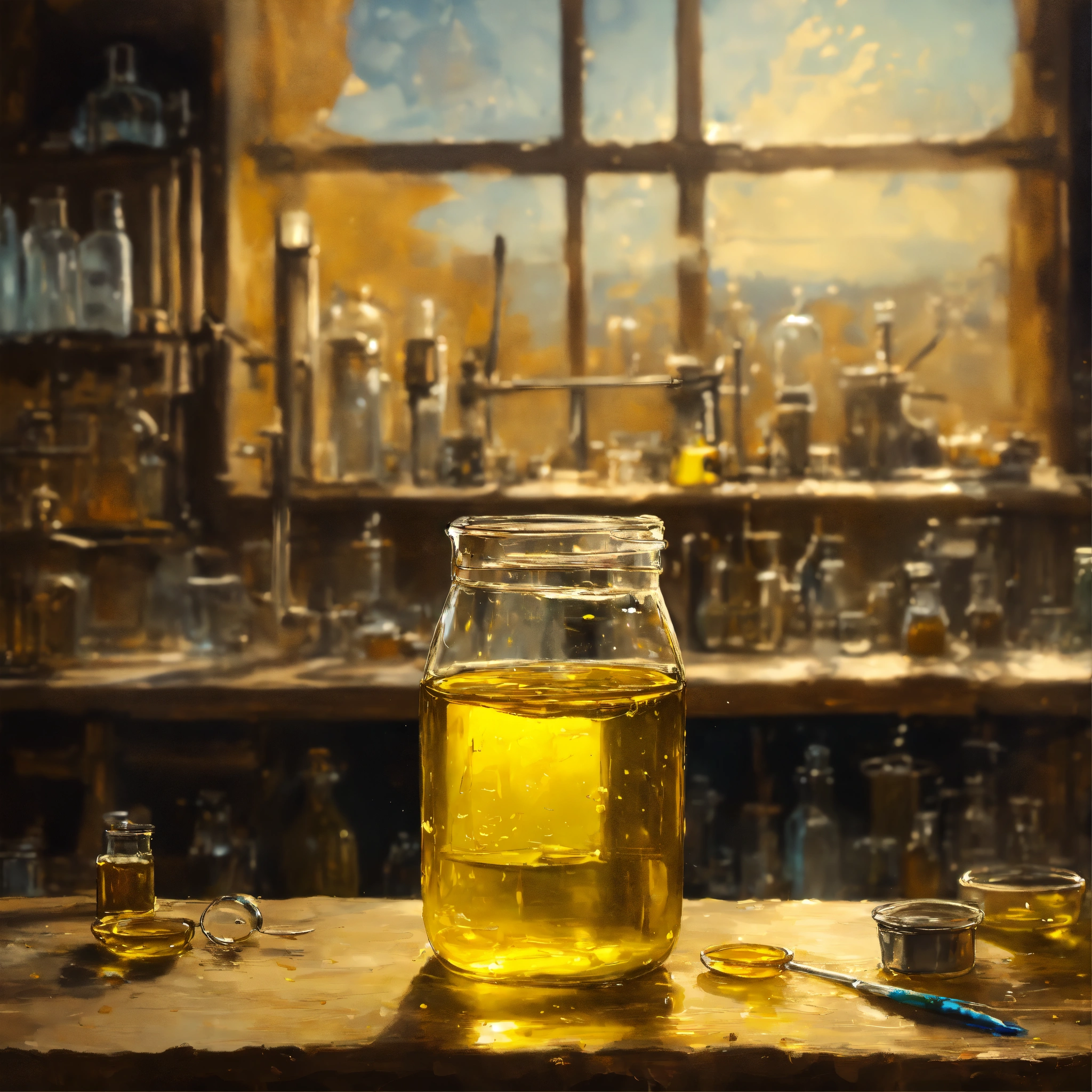 Lexica - Concept art of a vintage glass of yellow oil inside a ...
