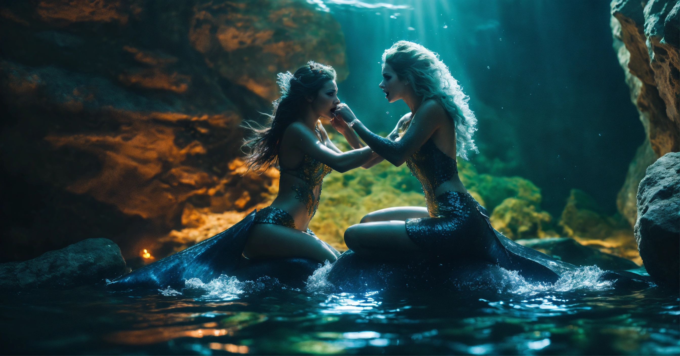 Lexica - Create a 4k detailed photo of two evil sleek mermaids fighting ...