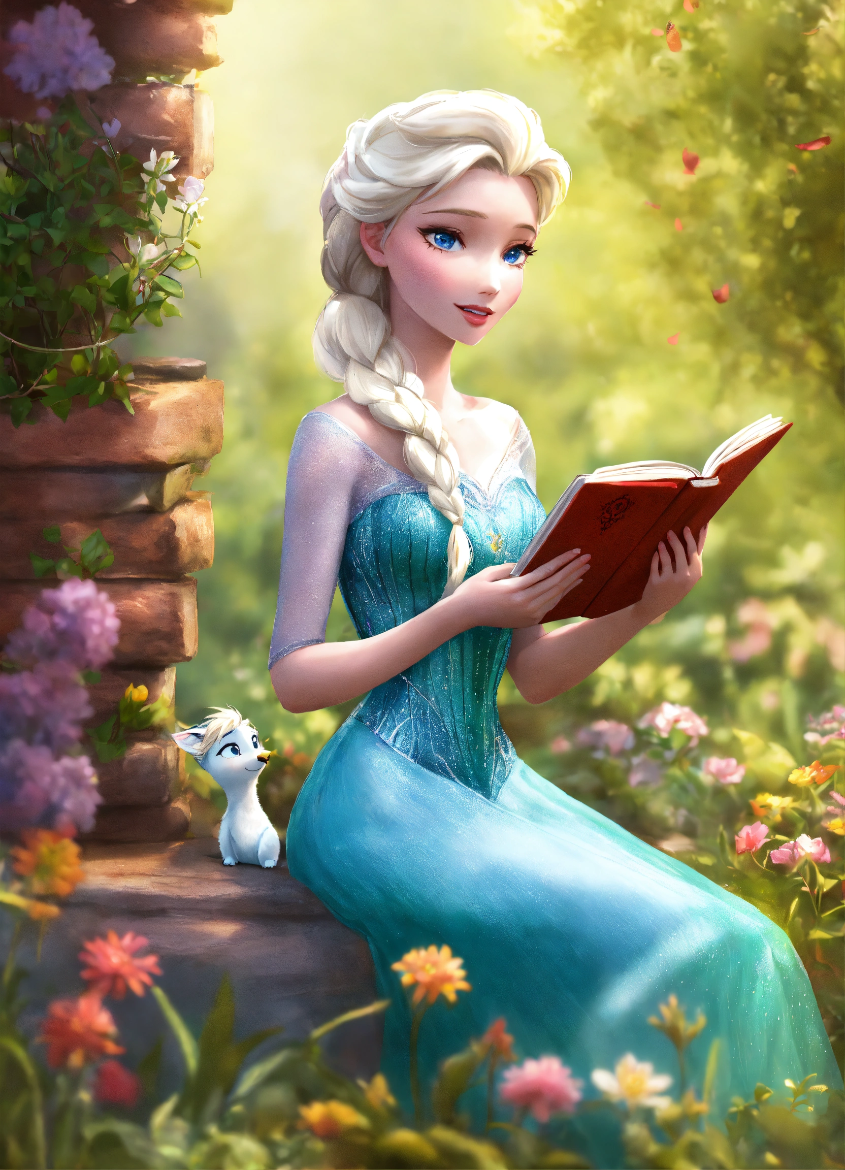 Lexica - Elsa reads a book in the garden