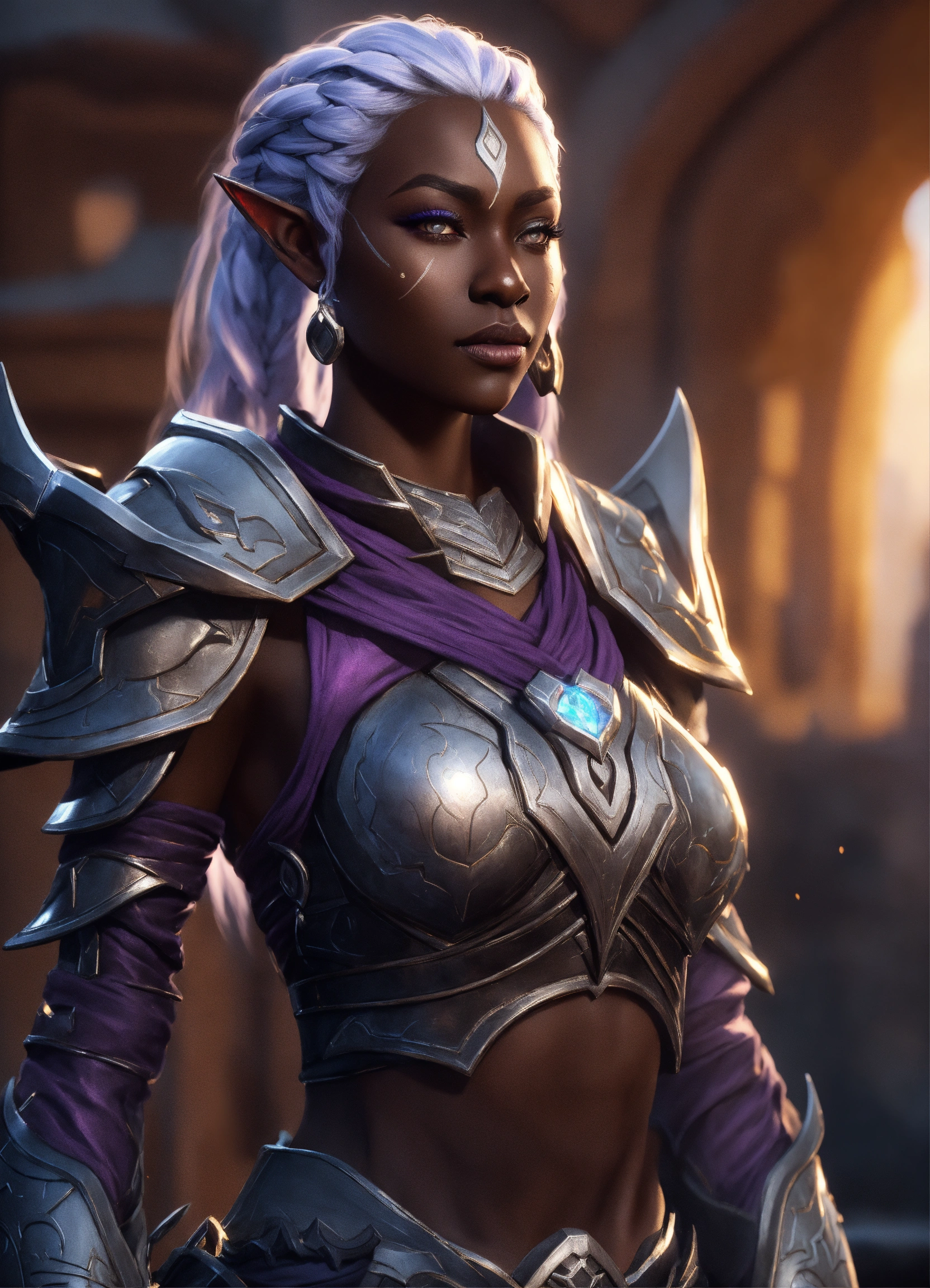 Lexica - A beautiful drow woman in sun themed armor. she has braids and dark gray skin. obsidian ...