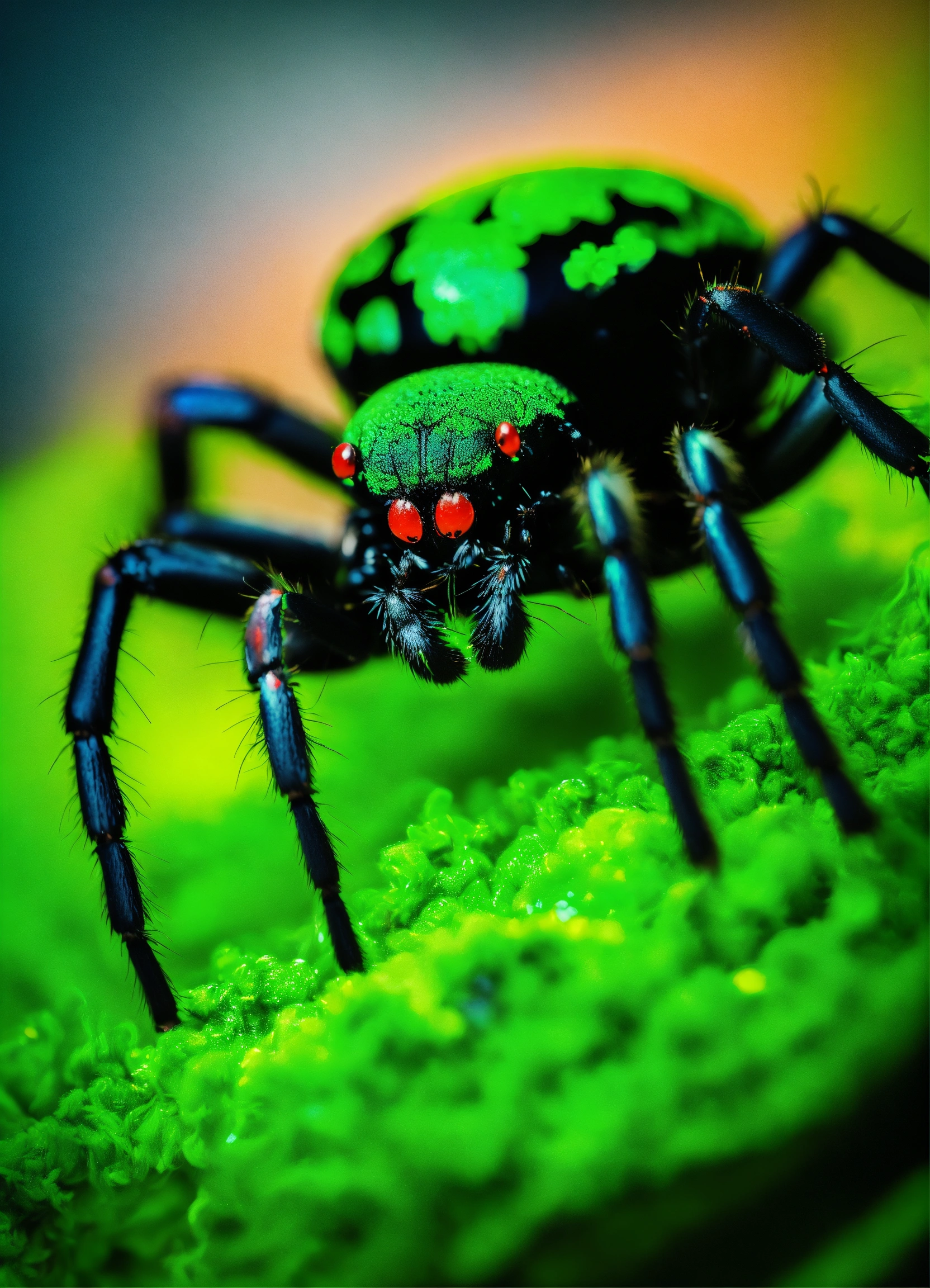 Lexica - Black widow spider with green smoke around her, neon green ...