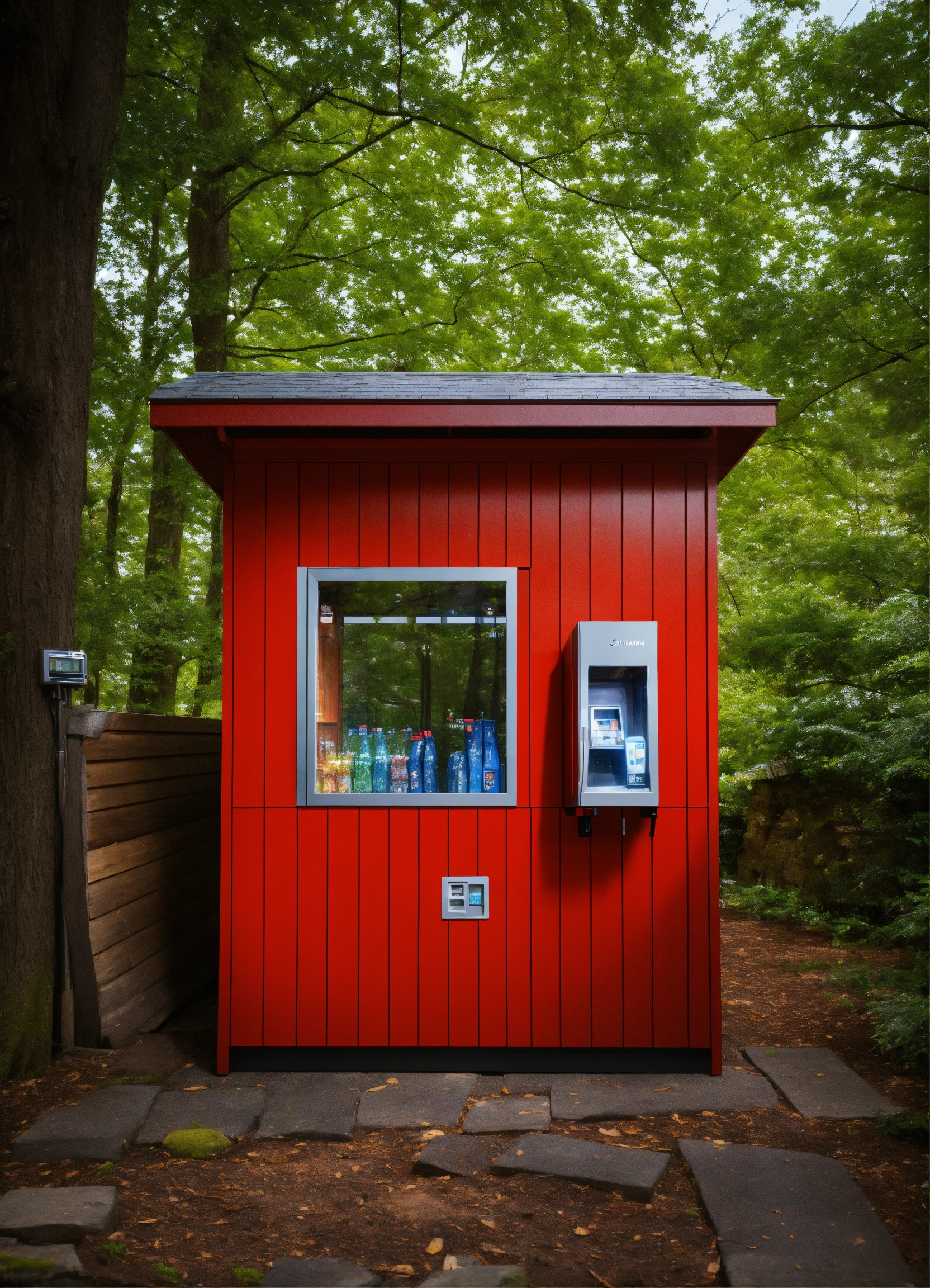 Lexica - A red cedar shingle shed with a glass door and a flat slanted roof with two vending ...