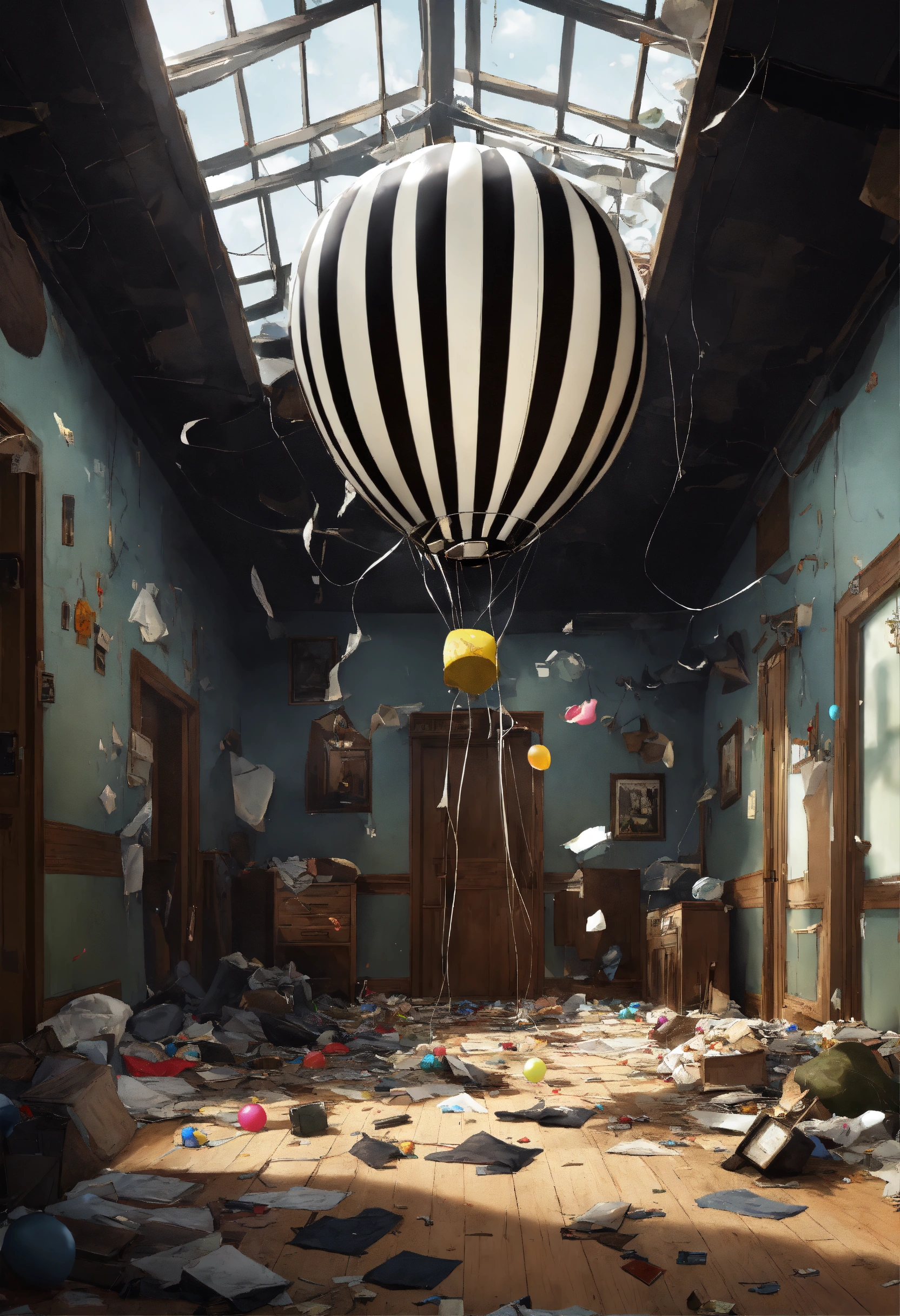 Lexica - A black and white striped balloon is hanging in the air, there ...