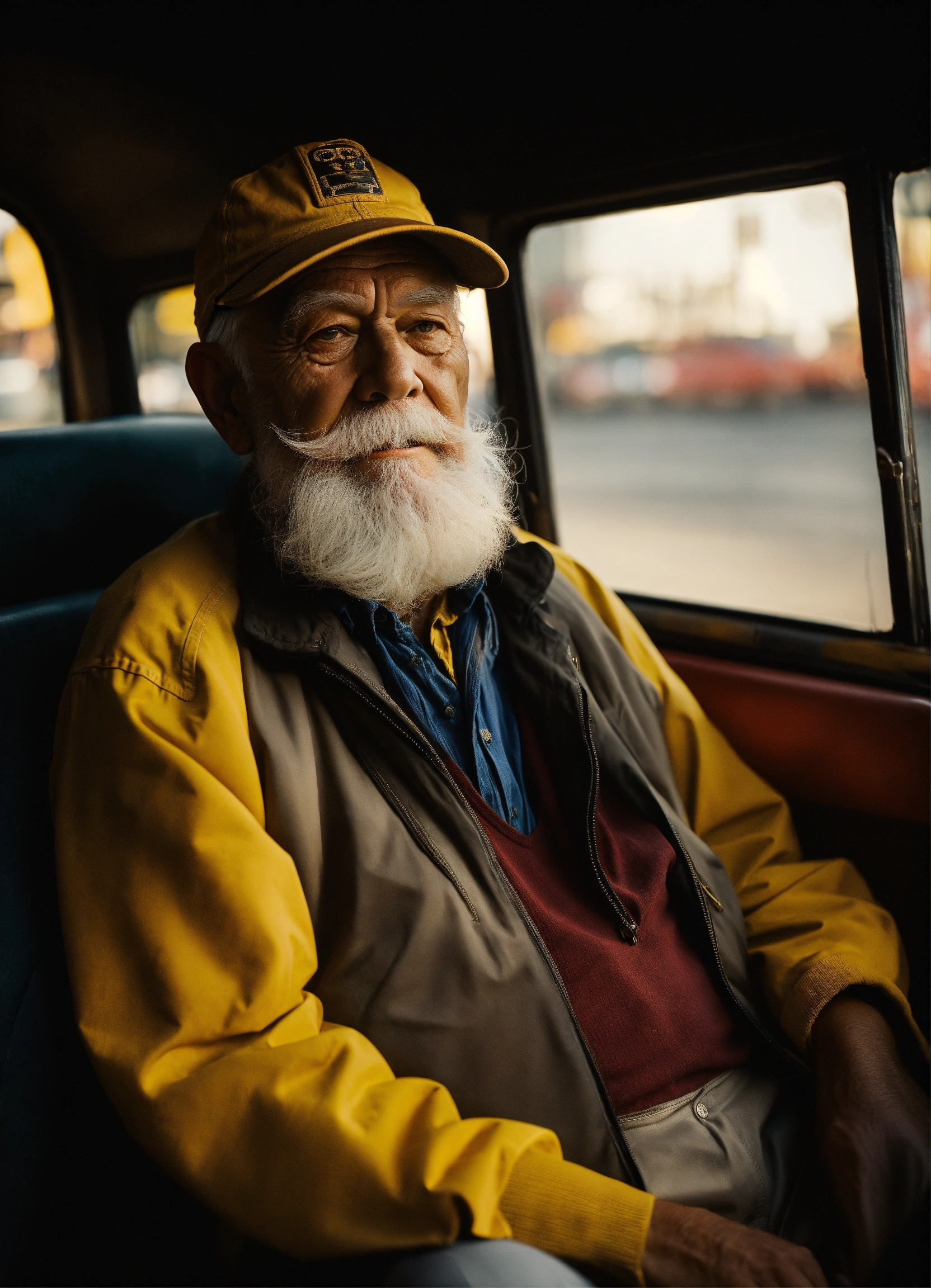 Lexica - A wise old man with white beard and baseball cap in a taxi cab ...