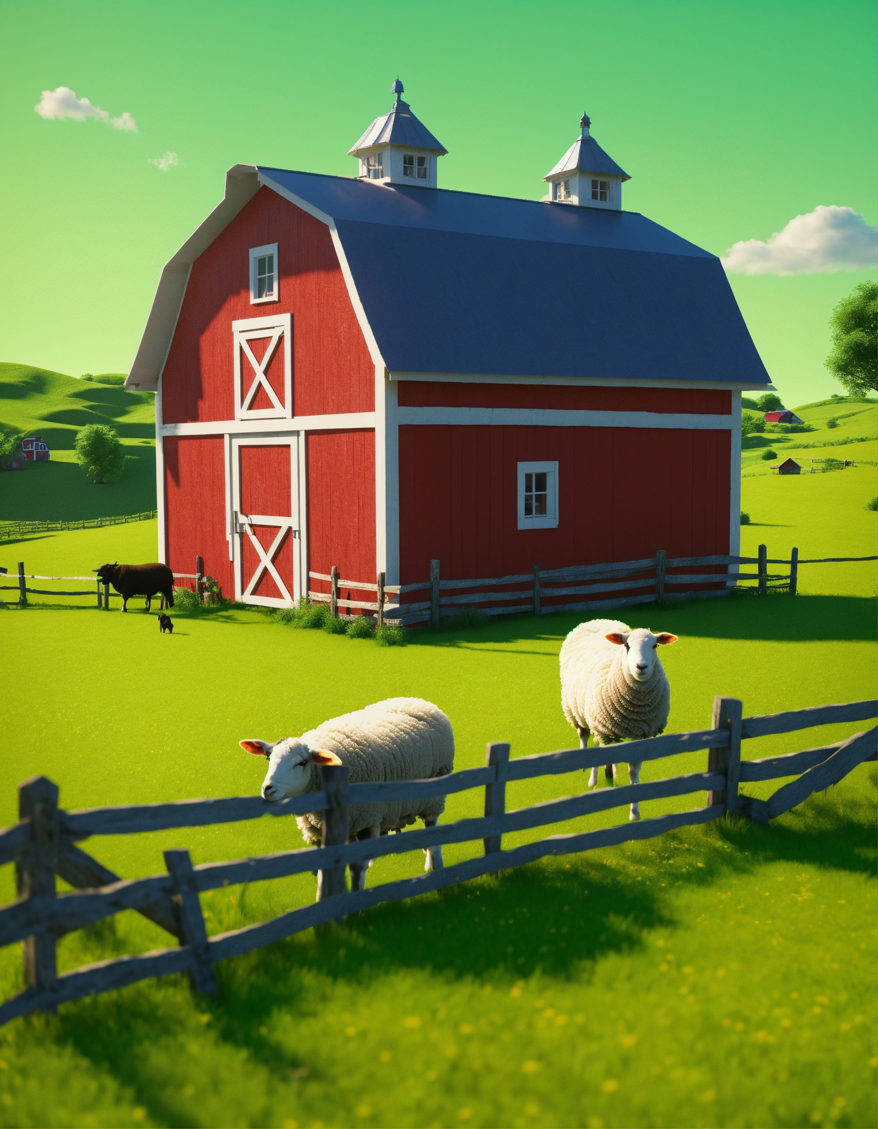 Lexica - Red barn with open door on green grass in village 3d render ...