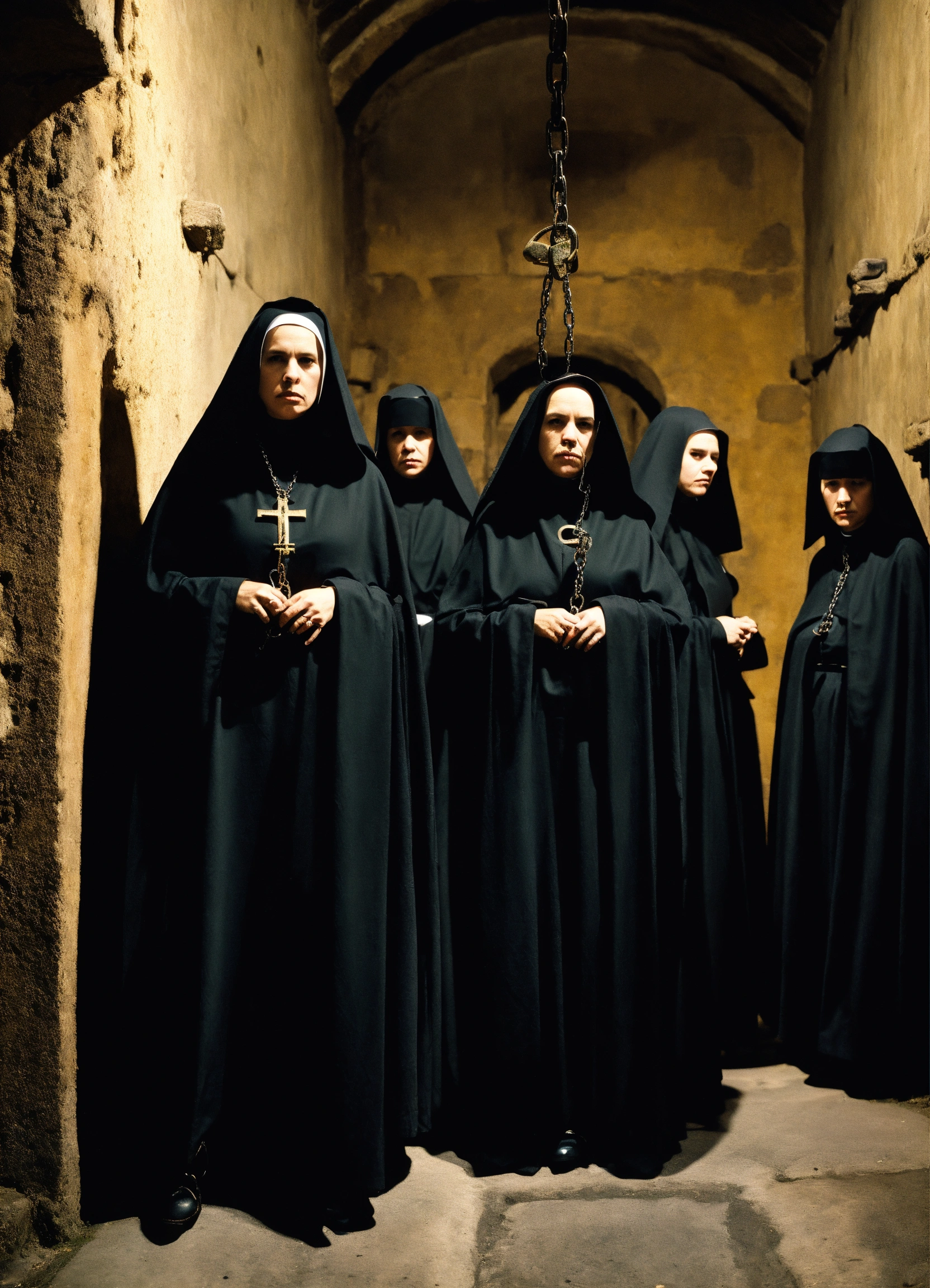 Lexica - Dark nuns , chained, in dungeon, tight cloaks, historic photo