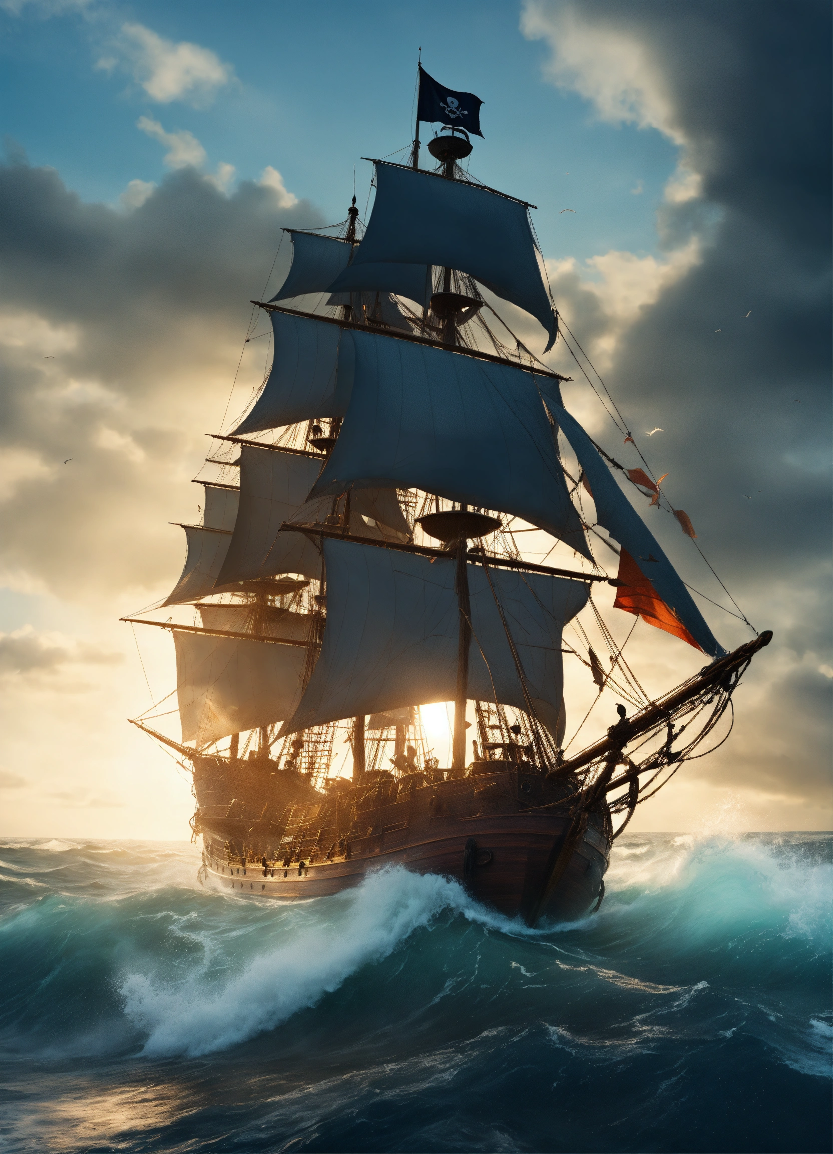 Lexica - Pirate ship damaged sails sailing forward in the waves of a ...
