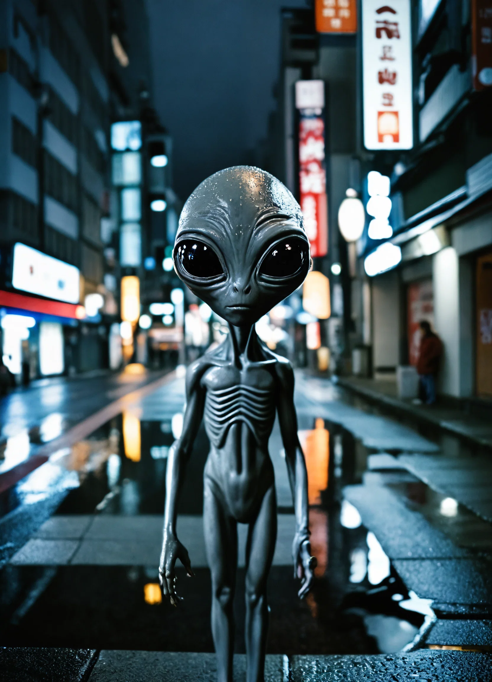 Lexica - Very cute, realistic grey alien standing in the street of ...