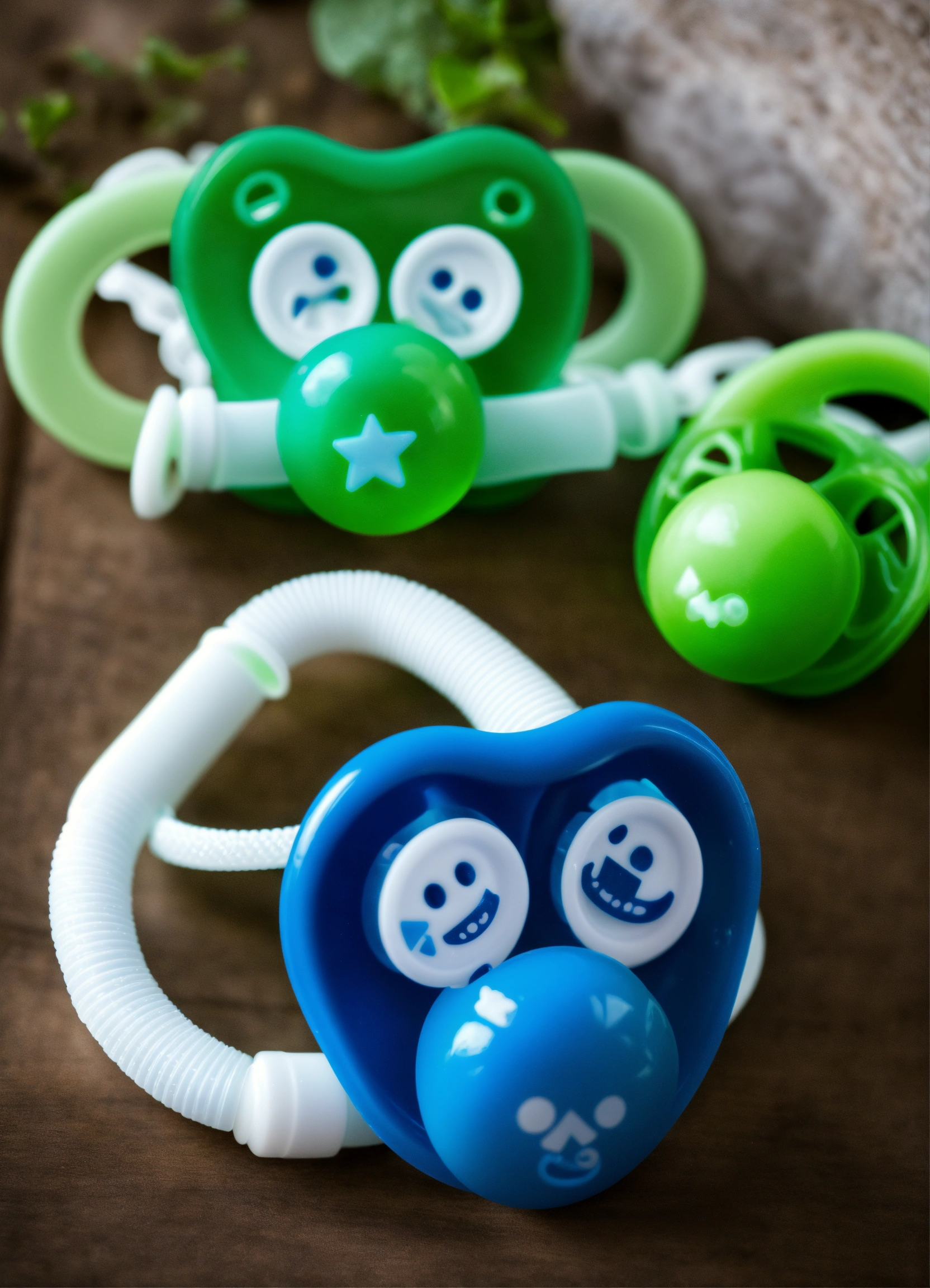 Lexica - A green pacifier, a blue pacifier and a white pacifier with ...