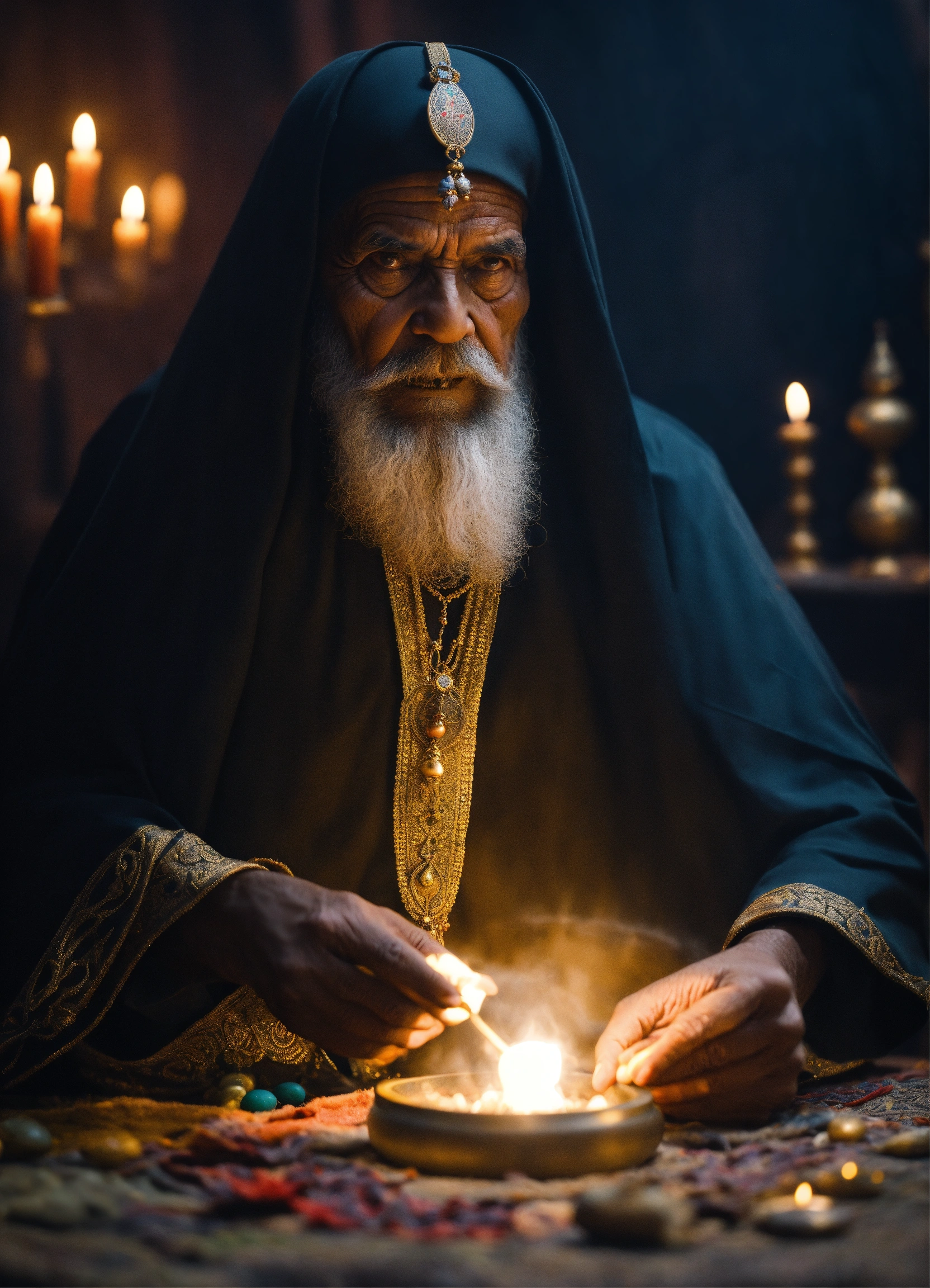 Lexica - An old Arabian magician making a protection amulet. Scary vibes.