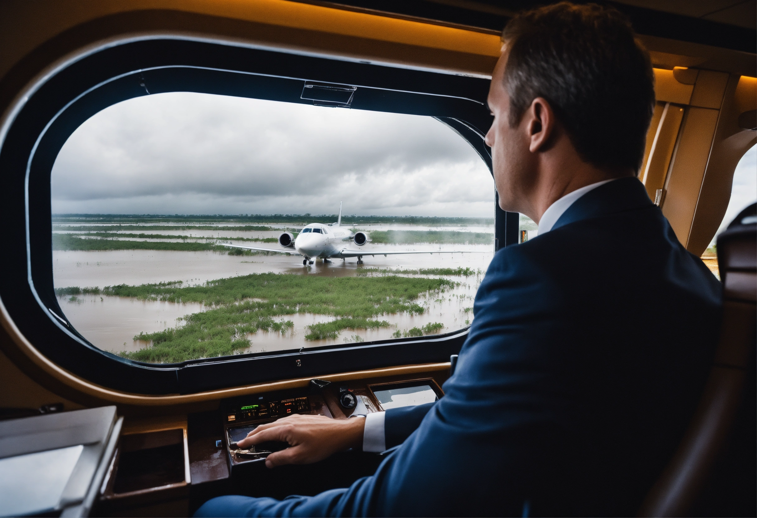 Lexica - An executive in a jet looking through the window at a flooded ...