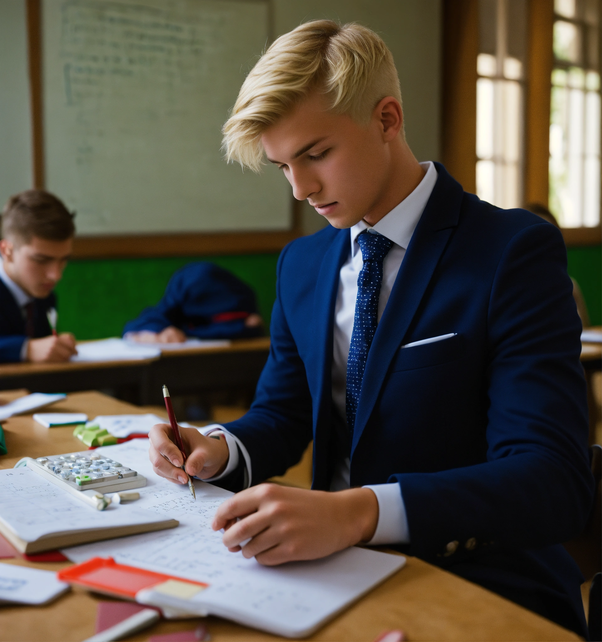 Lexica - A preppy blonde male student in navy blazer, white pants, club ...