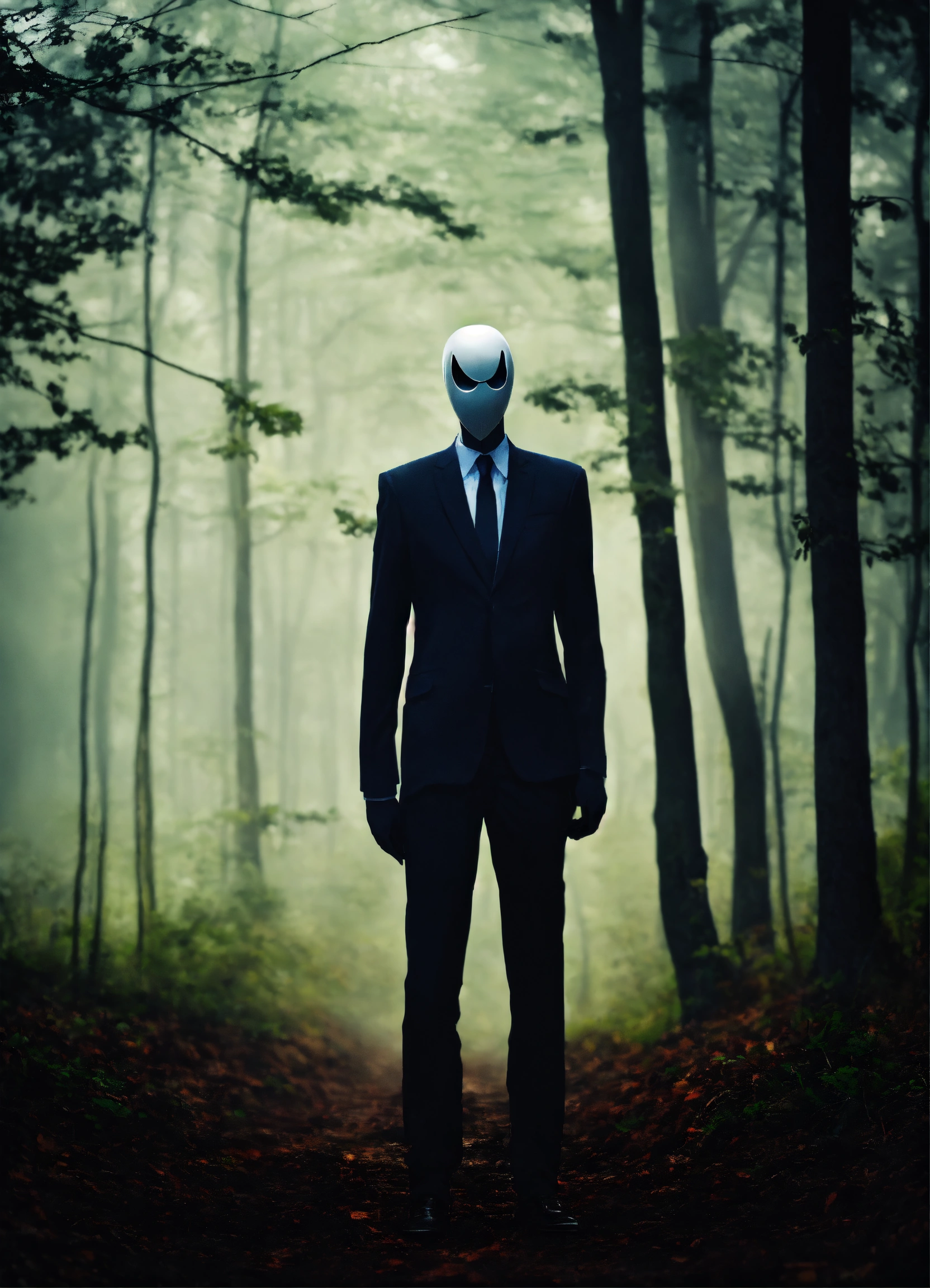 Lexica - Scary Slenderman from a legend Face only. background woods. Fog.