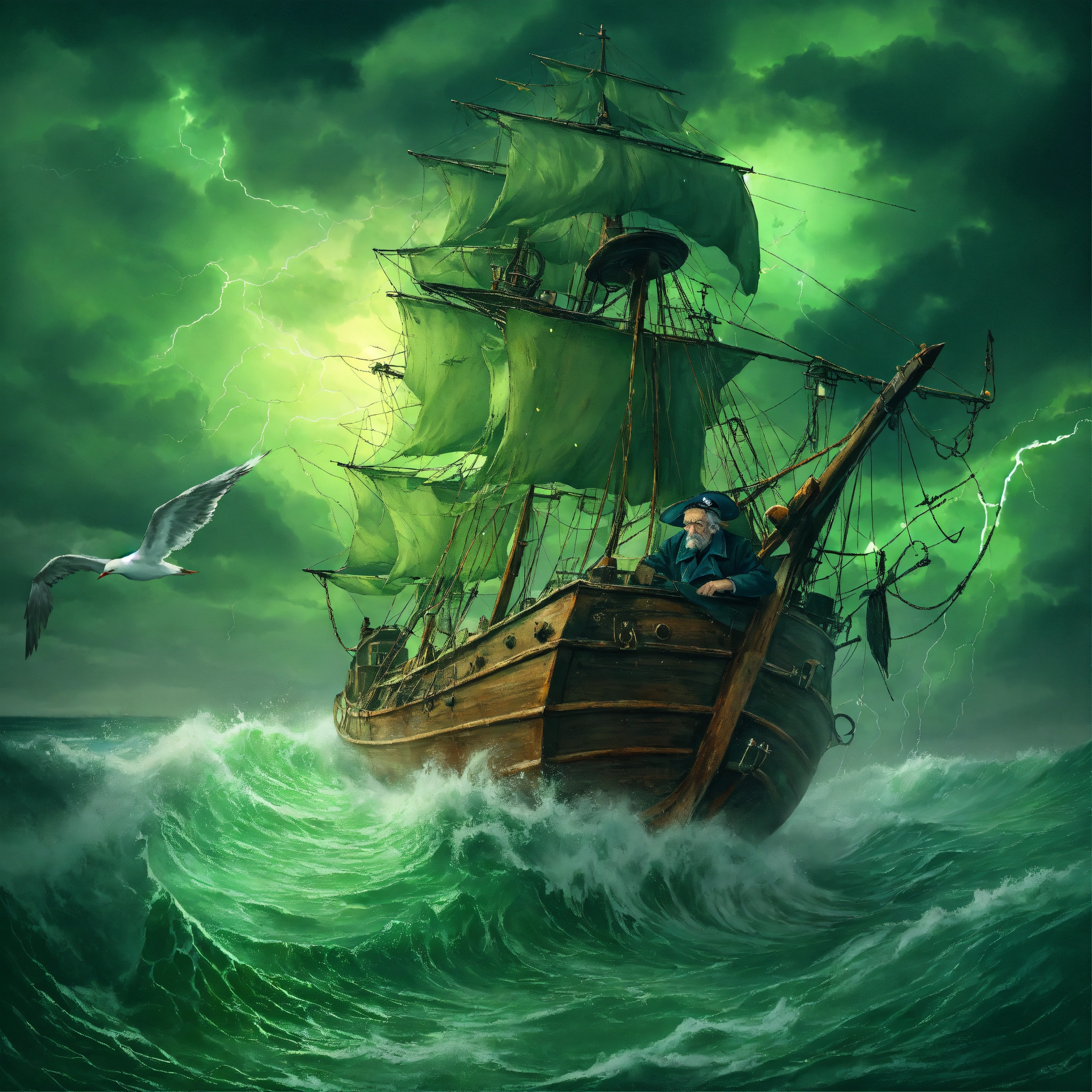 Lexica - An determined old sea captain with a weathered face steering ...