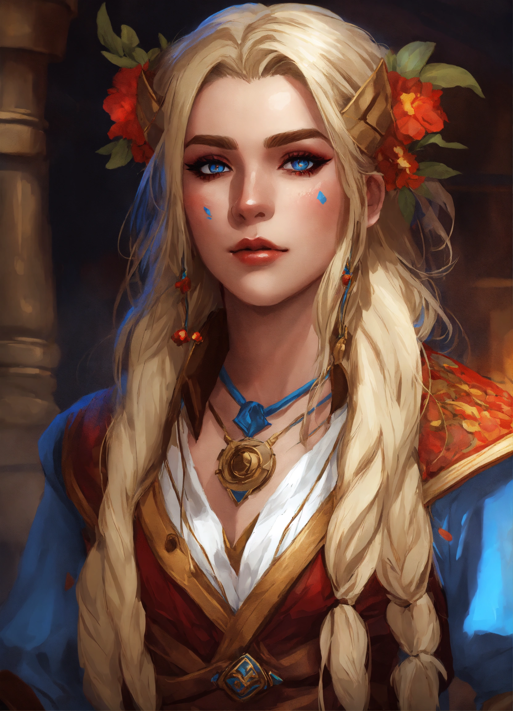 Lexica - Androgynous dwarf bard, long blond hair, blue makeup, brown ...