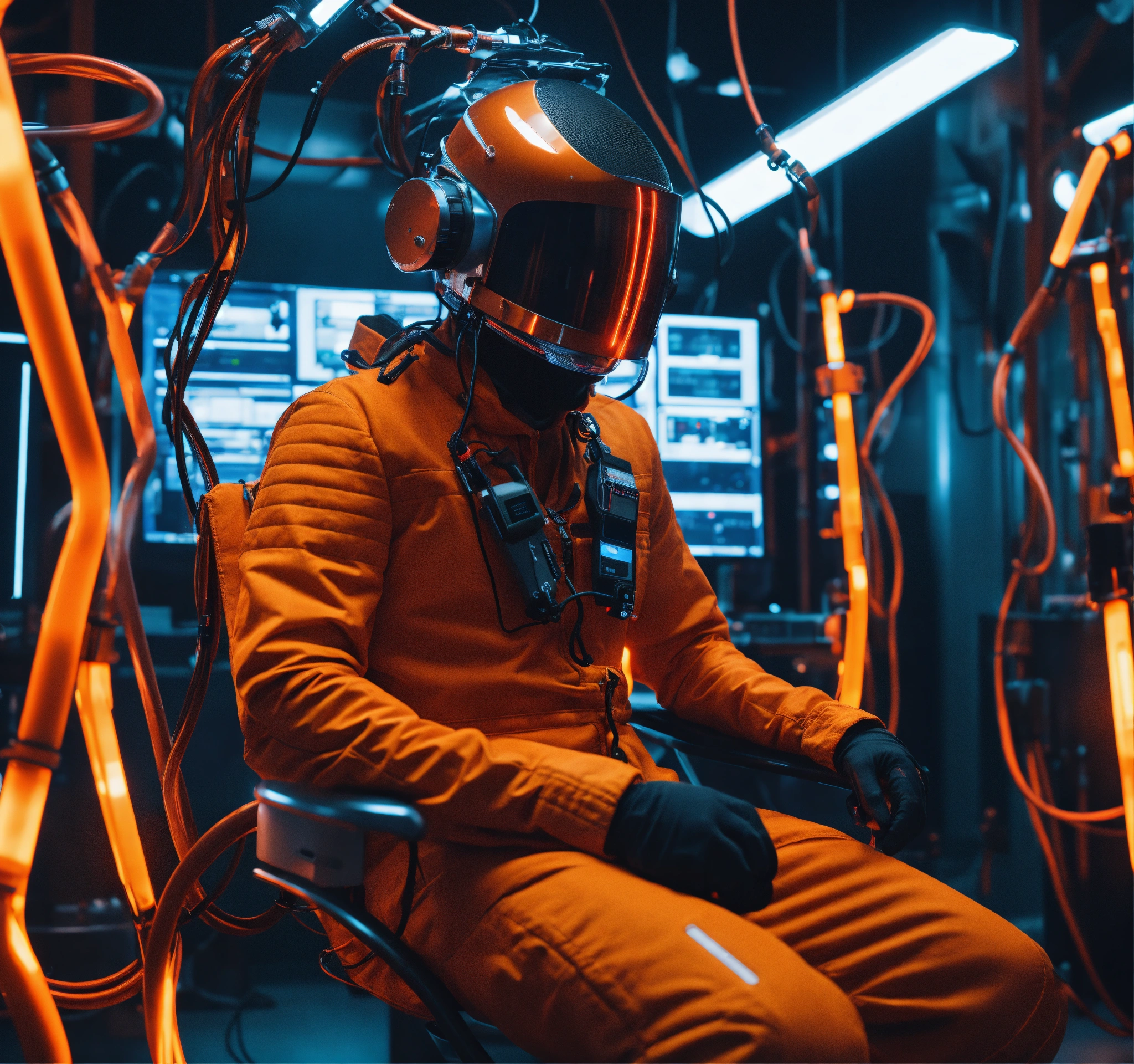 Lexica - Clean cut dark hair guy in futuristic orange jumpsuit is ...