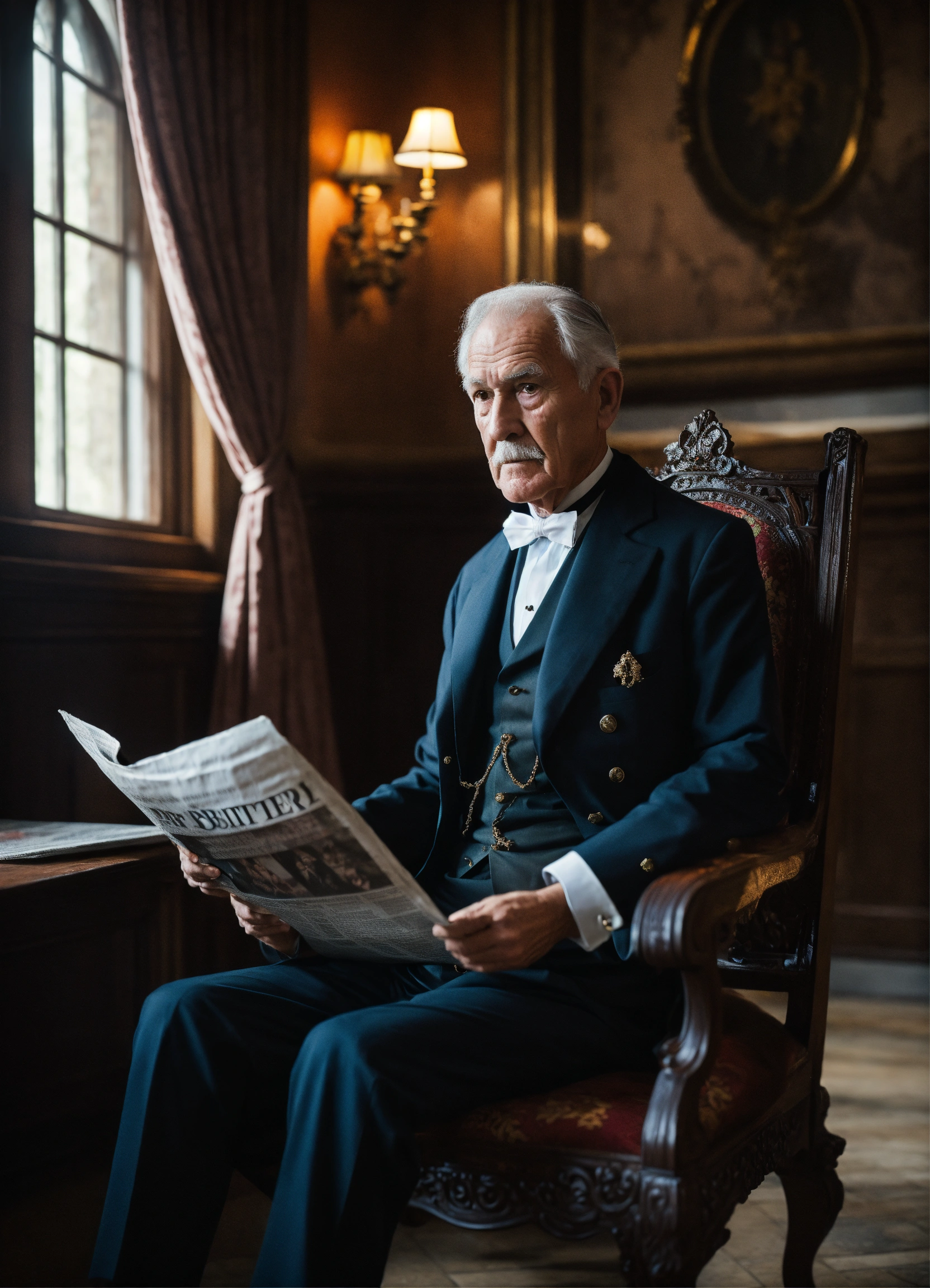 Lexica - Old man sit in hall of manor, dress like butler, looking at ...