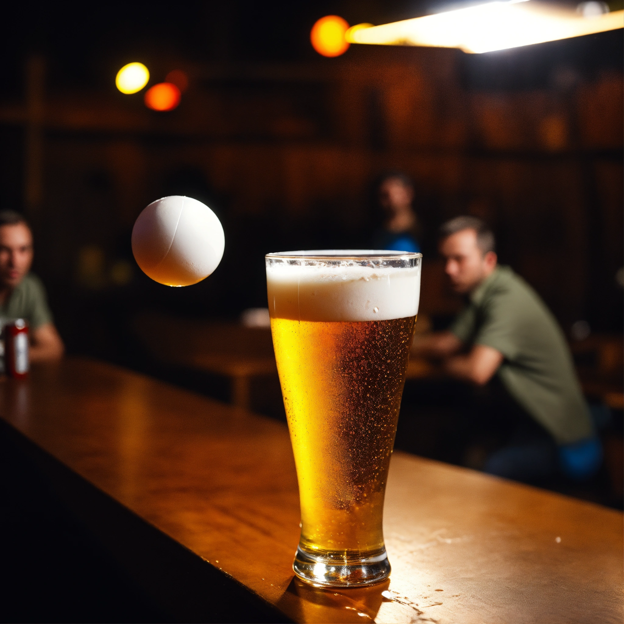 Lexica - A close look of a cup filled with beer, a ping pong ball is in ...