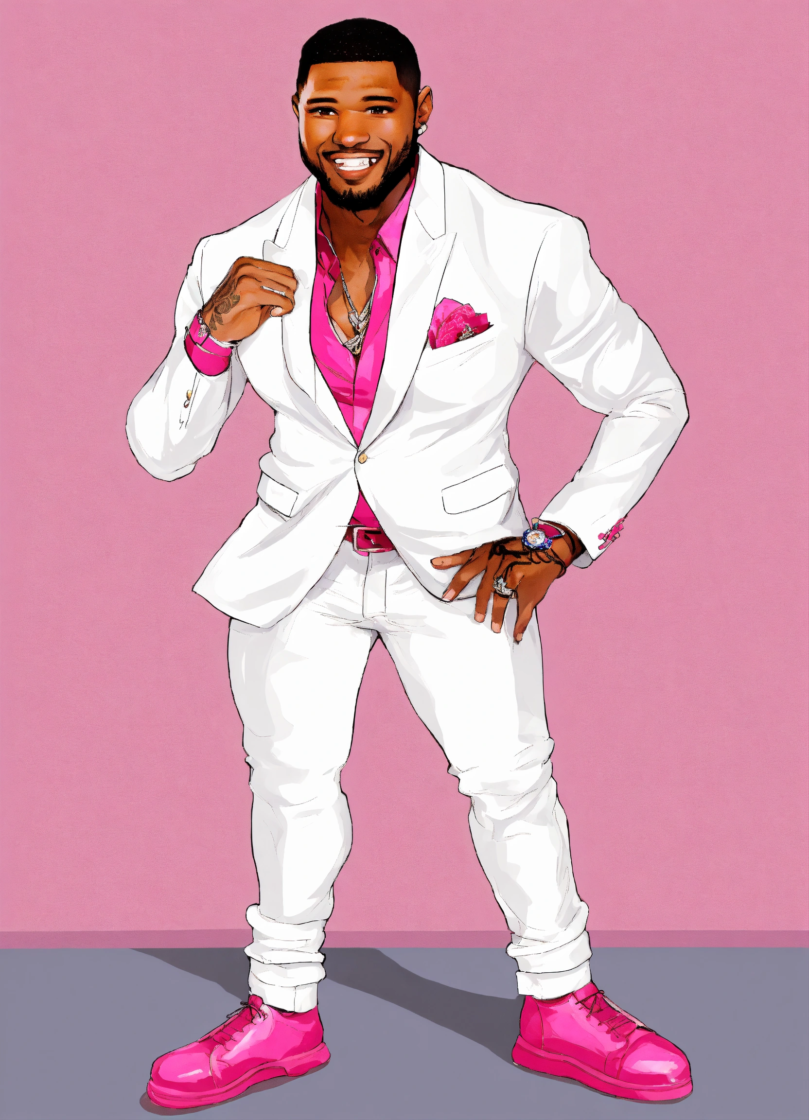 Lexica - FULL BODY IMAGE OF USHER CARICATURE DRESSED IN WHITE & PINK ...