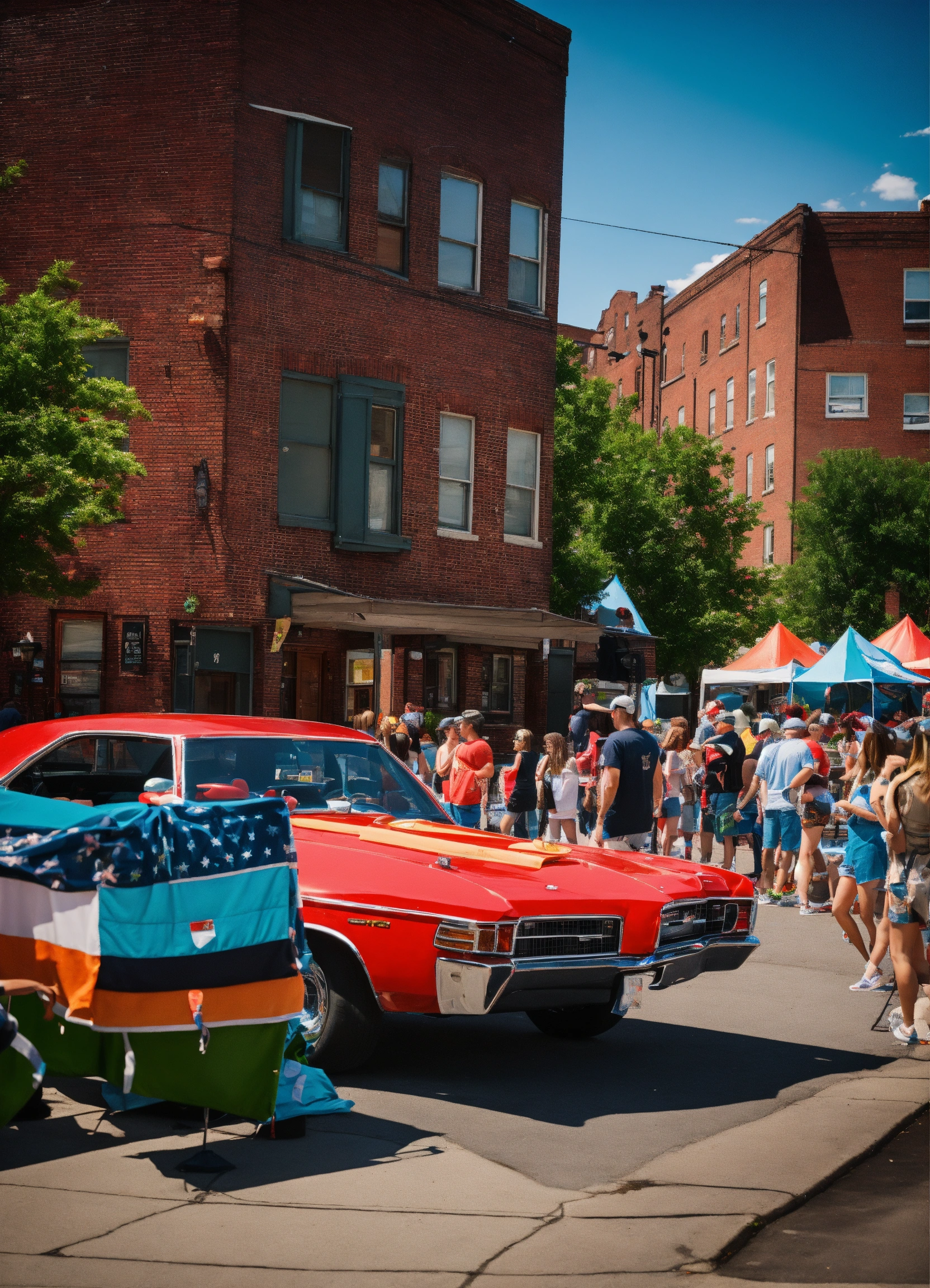 Lexica - Block party scene on a street, car show, red brick buildings ...